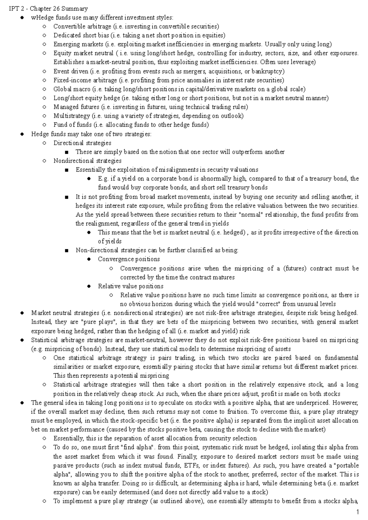 Chapter 26 - IPT2 - IPT 2 - Chapter 26 Summary wHedge funds use many ...