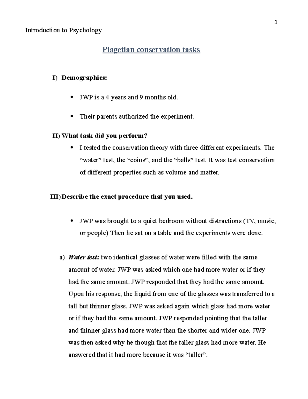 Piaget - Psychology - Introduction to Psychology Piagetian conservation ...