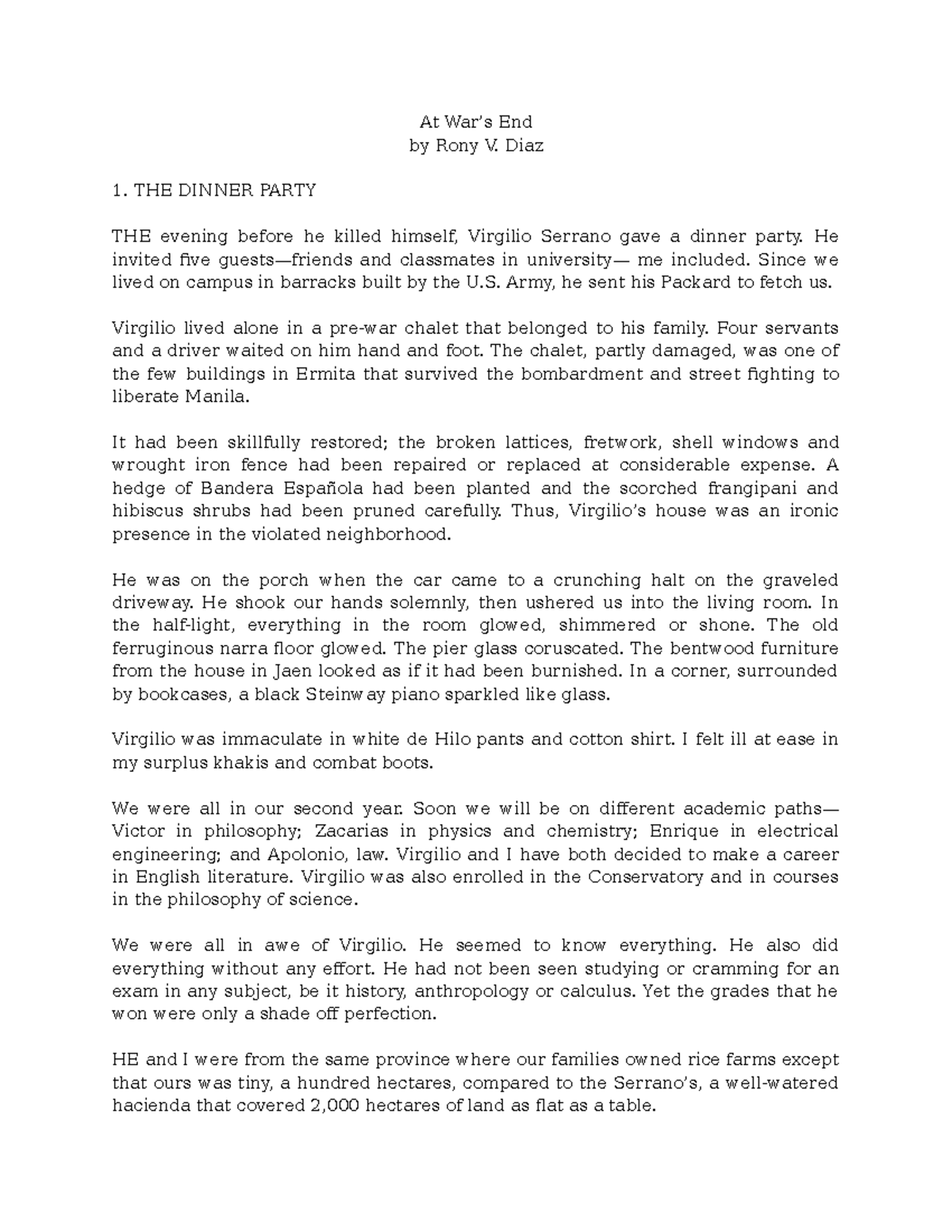 At War’s End - Lecture Notes - At War’s End by Rony V. Diaz THE DINNER ...