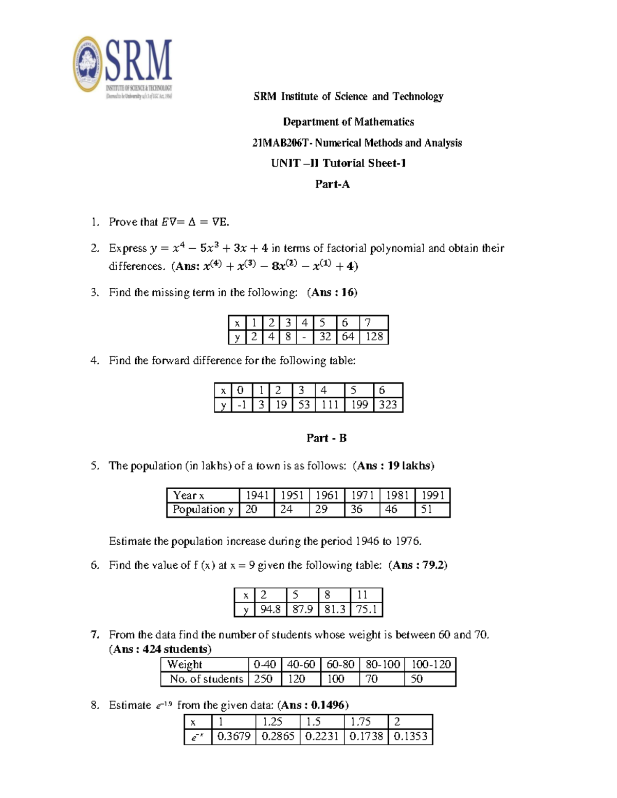 21MAB206T Unit-2 Tutorial-1 - SRM Institute of Science and Technology ...