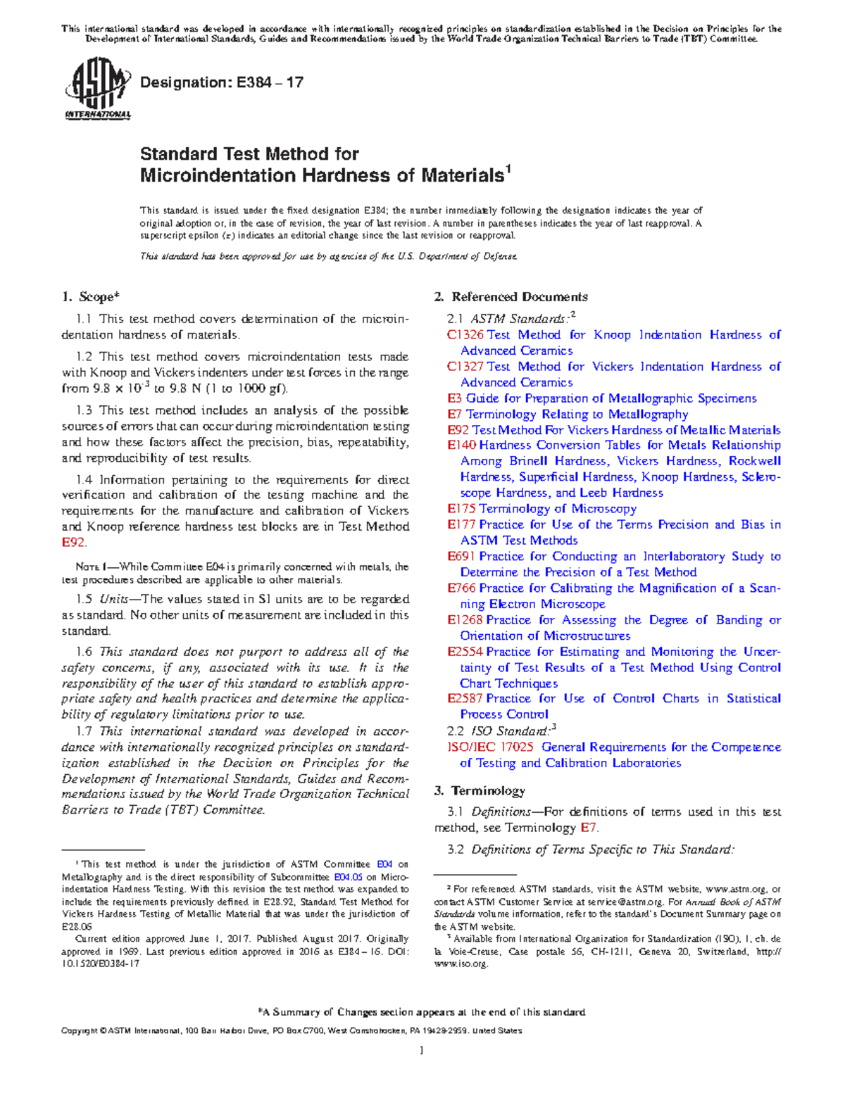 ASTM E384-17 Microindentation Hardeness of Materials - Designation ...