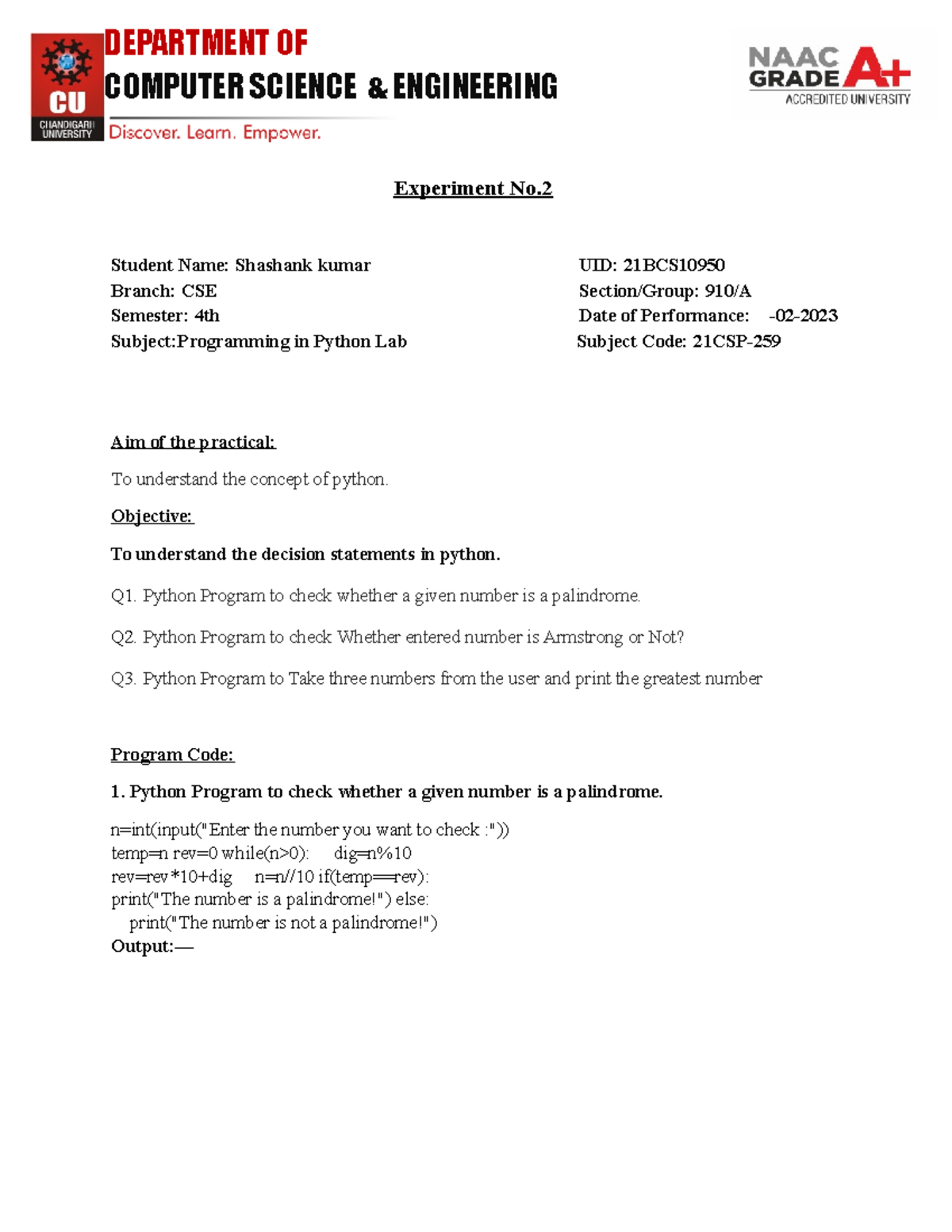 Shashank py 2 - WORKSHEET - DEPARTMENT OF COMPUTER SCIENCE ...