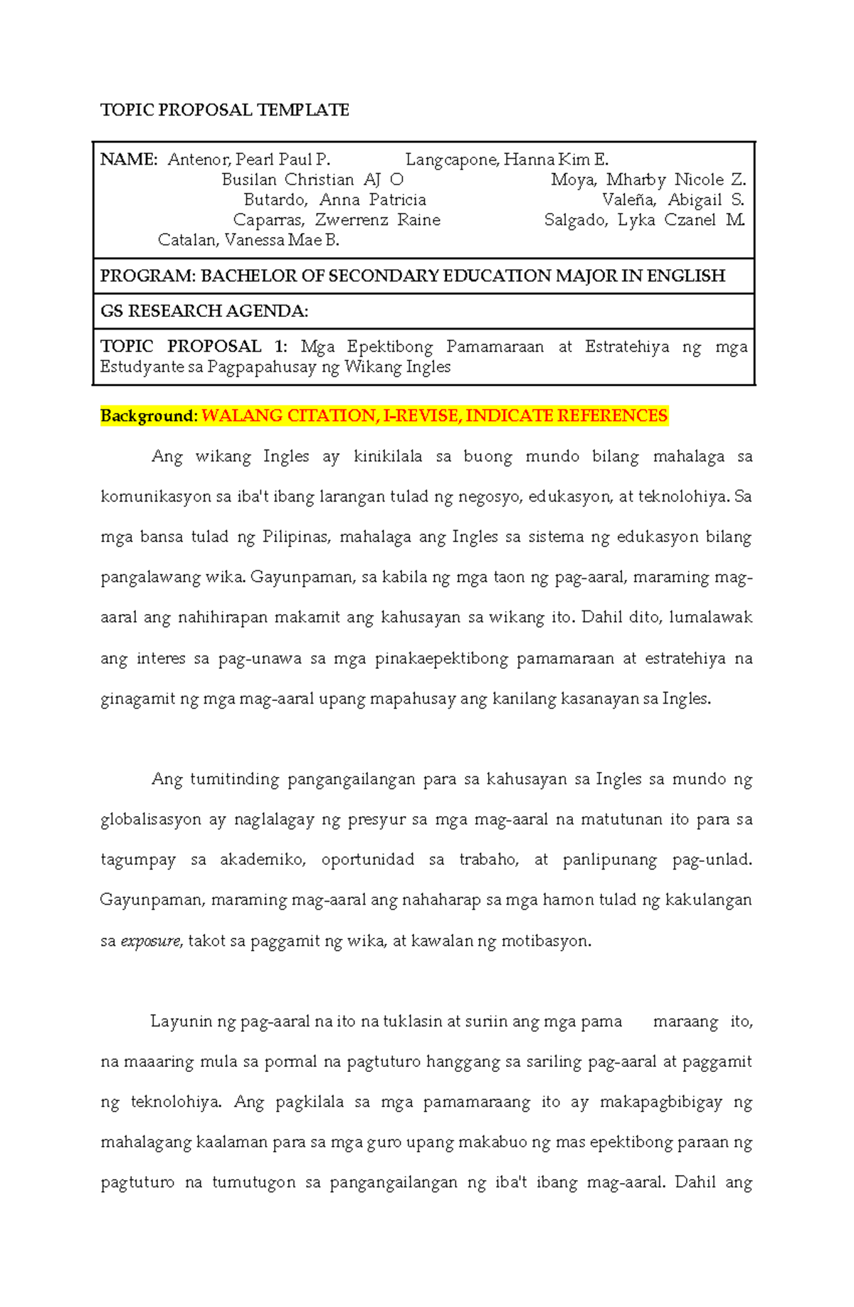 Topic-proposal-updated - TOPIC PROPOSAL TEMPLATE NAME: Antenor, Pearl Paul P. Langcapone, Hanna ...