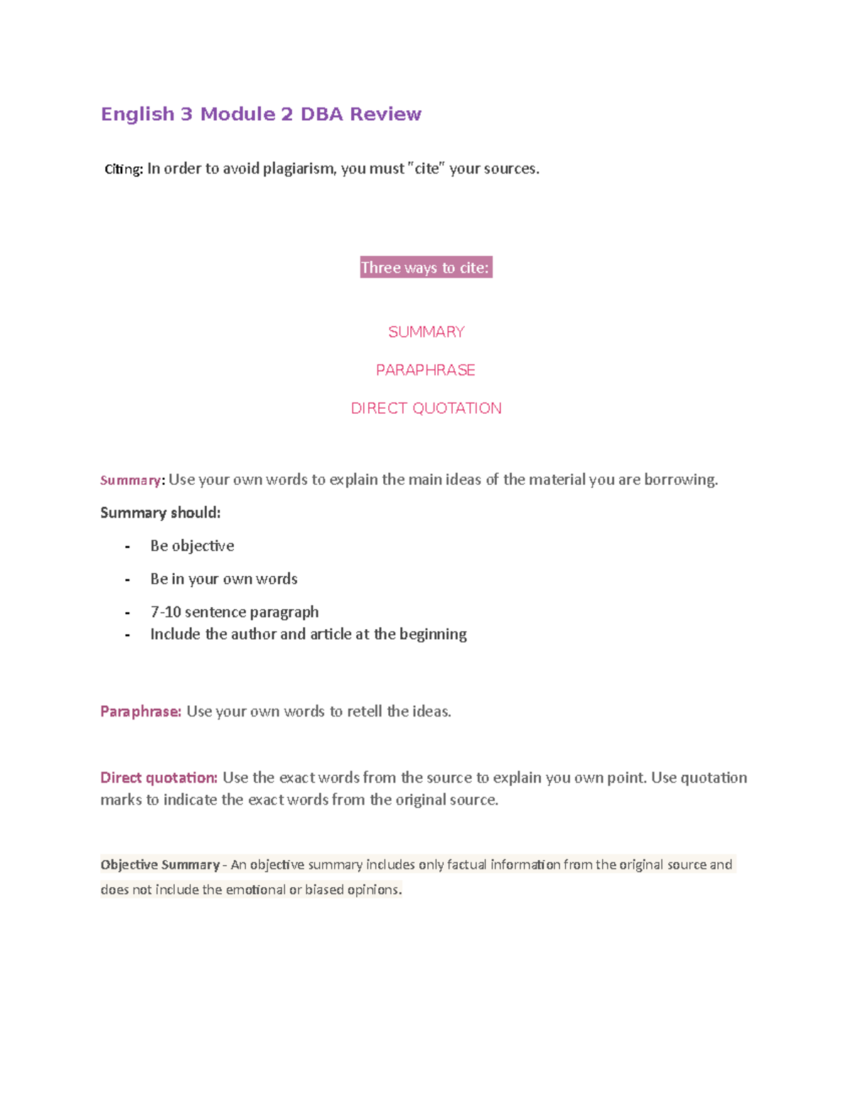 English 3 Module 2 DBA Review - English 3 Module 2 DBA Review Citing: In order to avoid ...