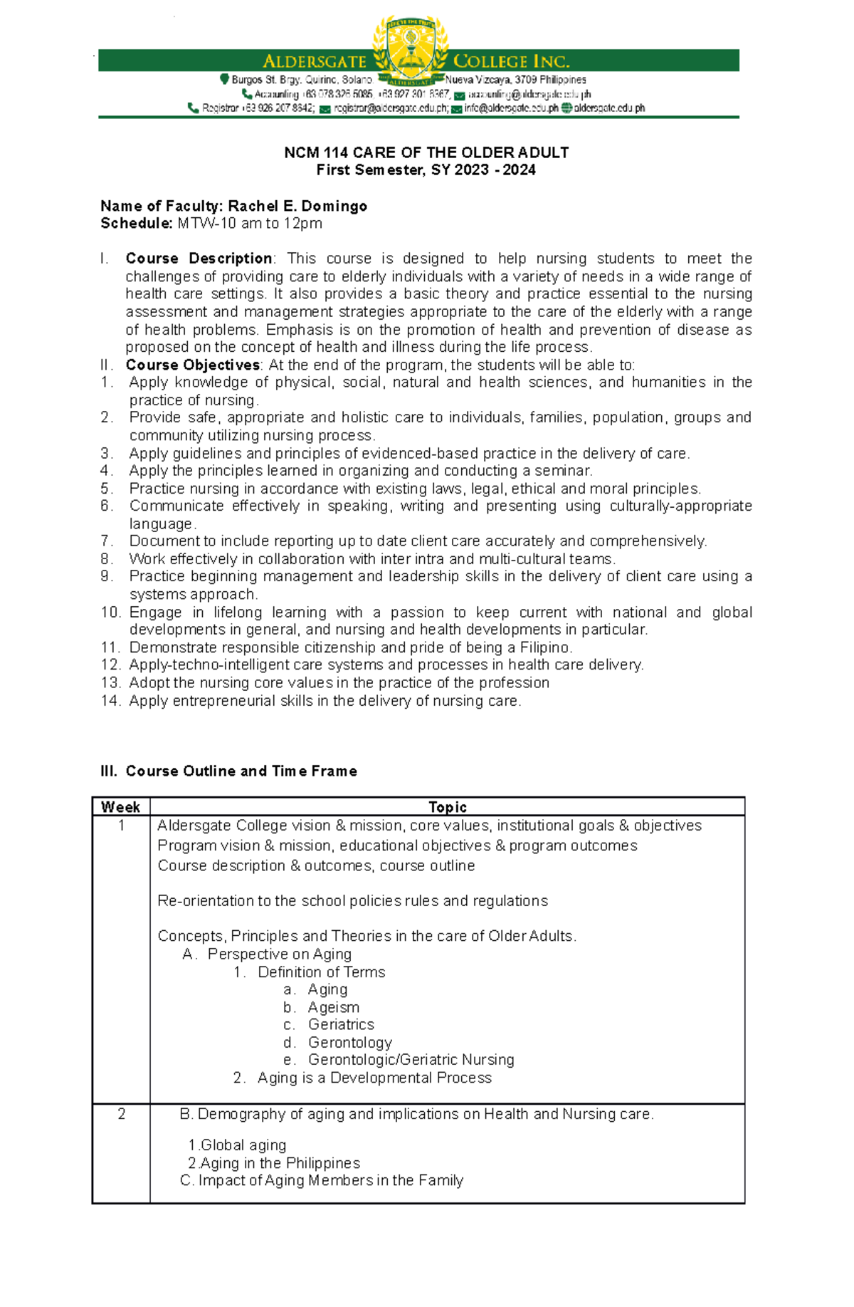 Course-Outline Template - NCM 114 CARE OF THE OLDER ADULT First ...