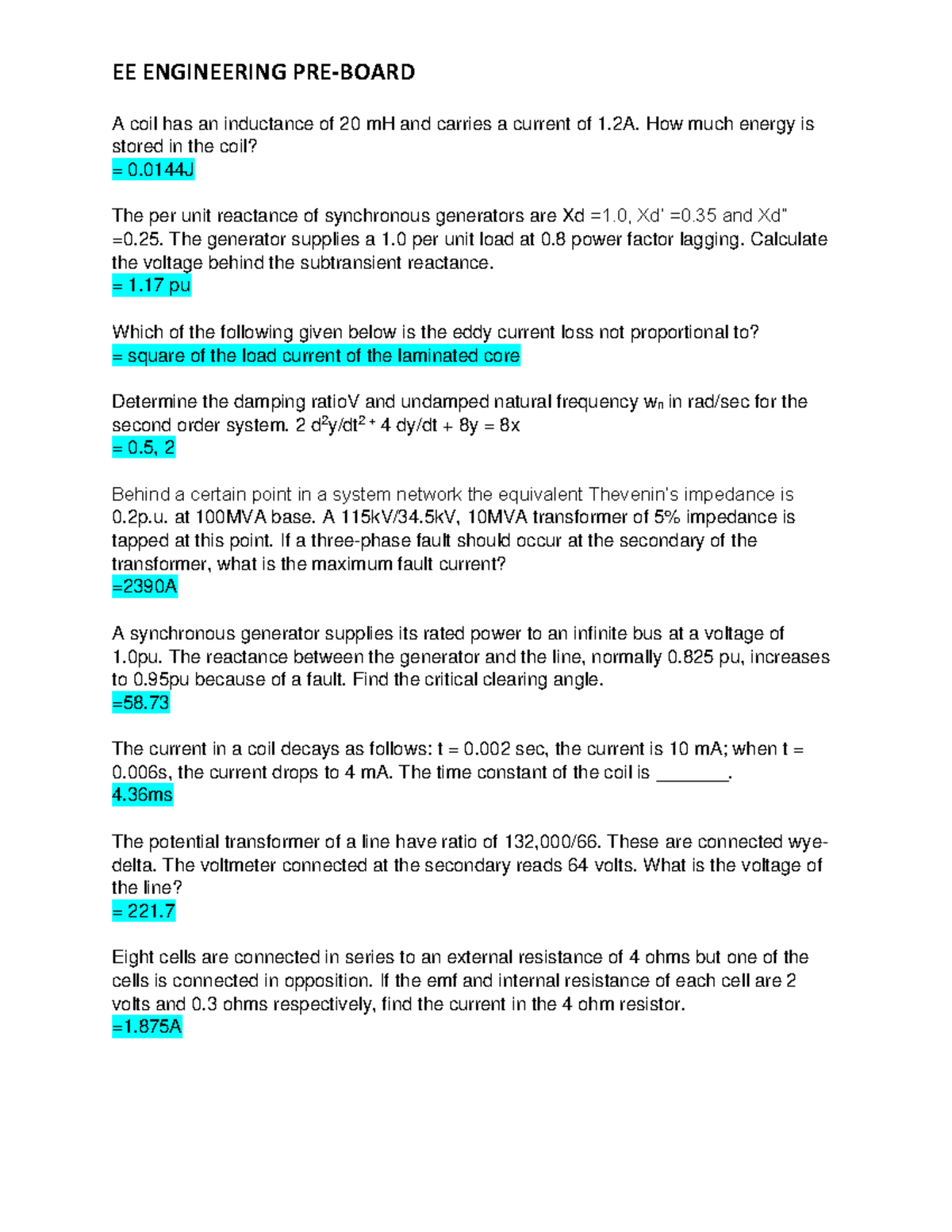 EE Engineering Pre-board Sample Problems - A coil has an inductance of ...