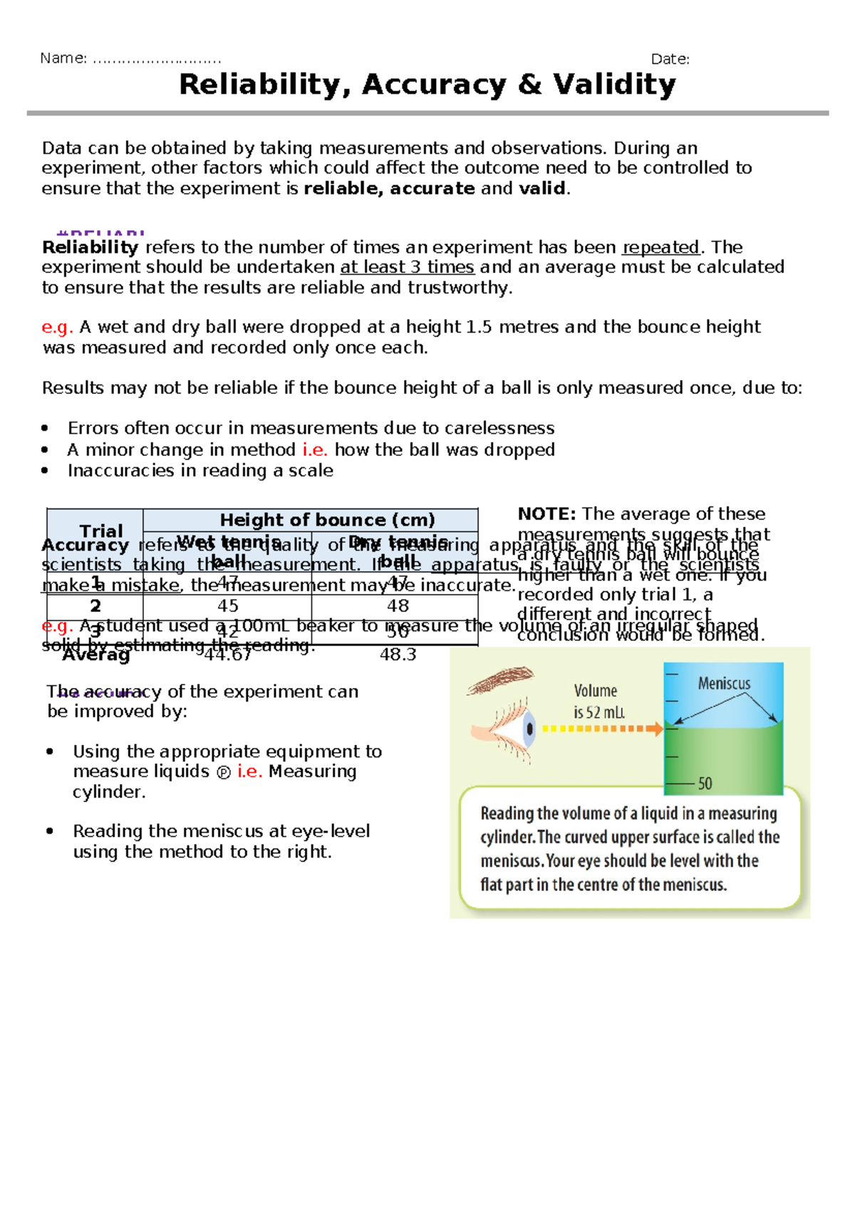 Reliability, Accuracy & Validity Worksheet - Name ...