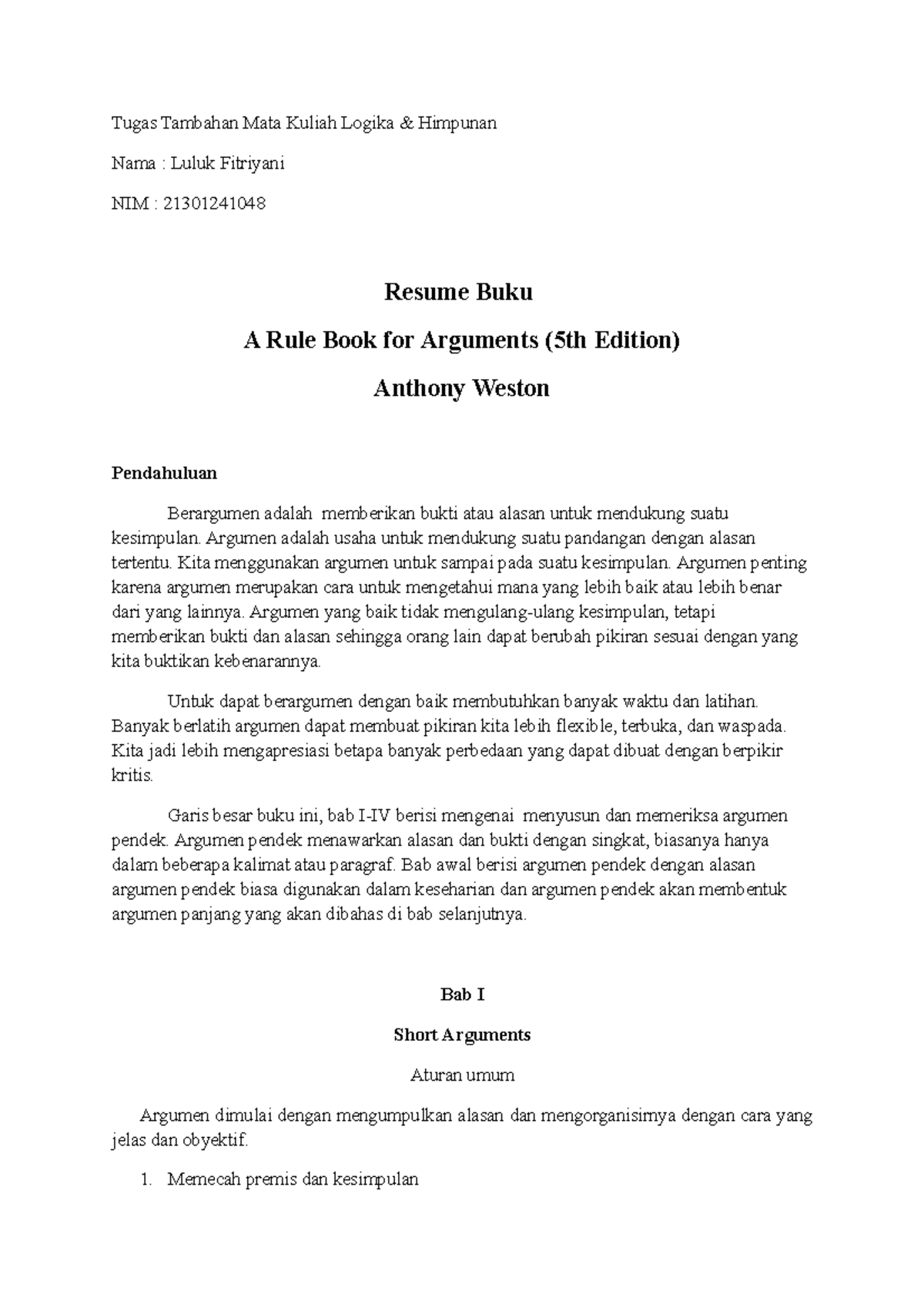 Resume Buku A Rulebook for Argument - Tugas Tambahan Mata Kuliah Logika ...