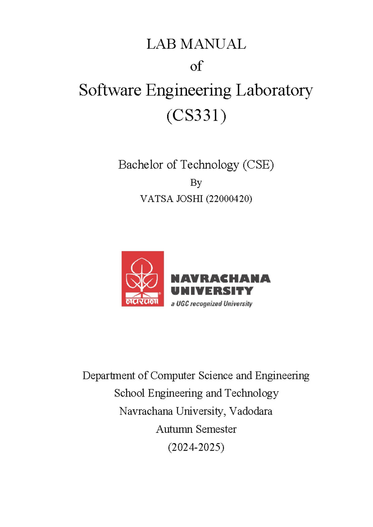 SE Lab Manual 22000 420 - LAB MANUAL of Software Engineering Laboratory (CS331) Bachelor of ...