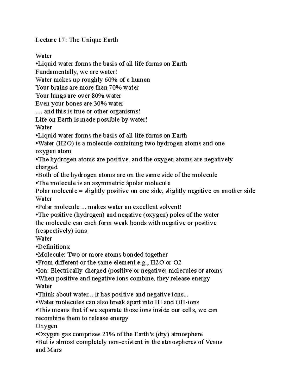 Lecture 17 Unique Earth - Lecture 17: The Unique Earth Water •Liquid ...
