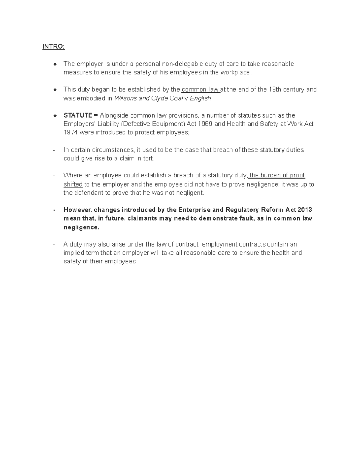 Employers Liability - INTRO; The employer is under a personal non ...