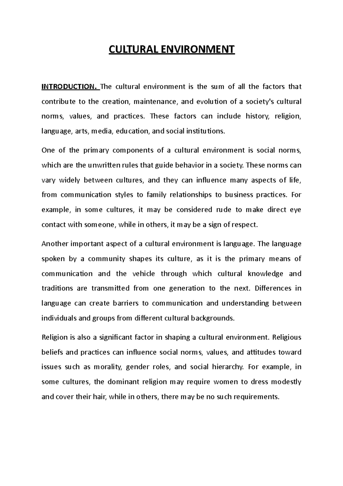 Cultural Environment - CULTURAL ENVIRONMENT INTRODUCTION. The cultural ...