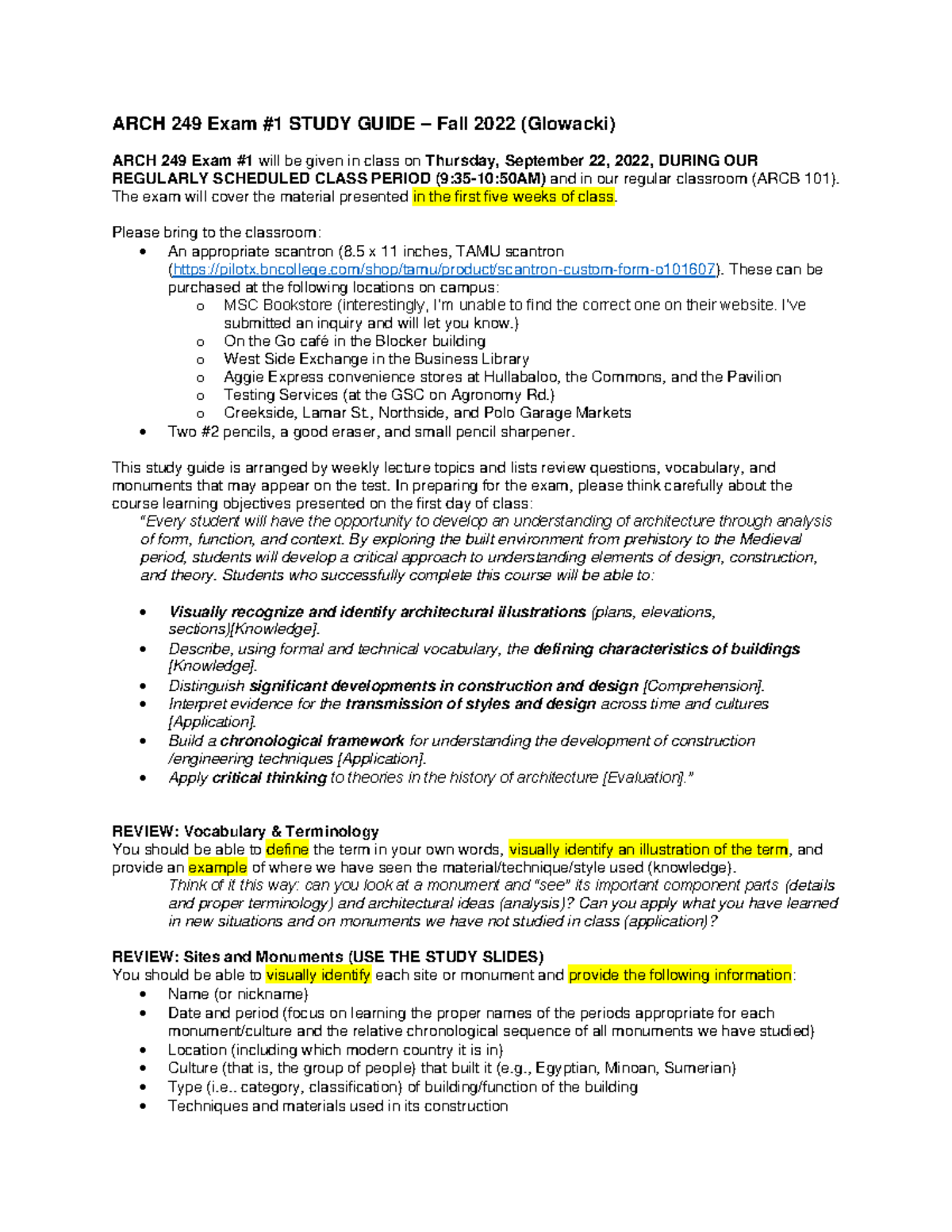 Arch249f22 exam01 study guide - ARCH 249 Exam #1 STUDY GUIDE – Fall 2022 (Glowacki) ARCH 249 ...