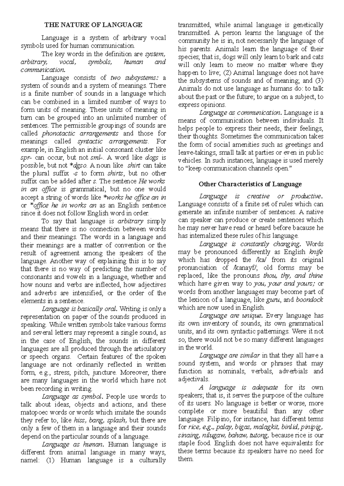 THE Nature OF Language - THE NATURE OF LANGUAGE Language is a system of ...