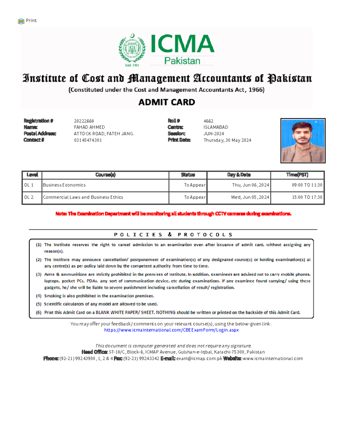ICMA Pakistan Online Examination Forms - Print Registration # 20222668 ...