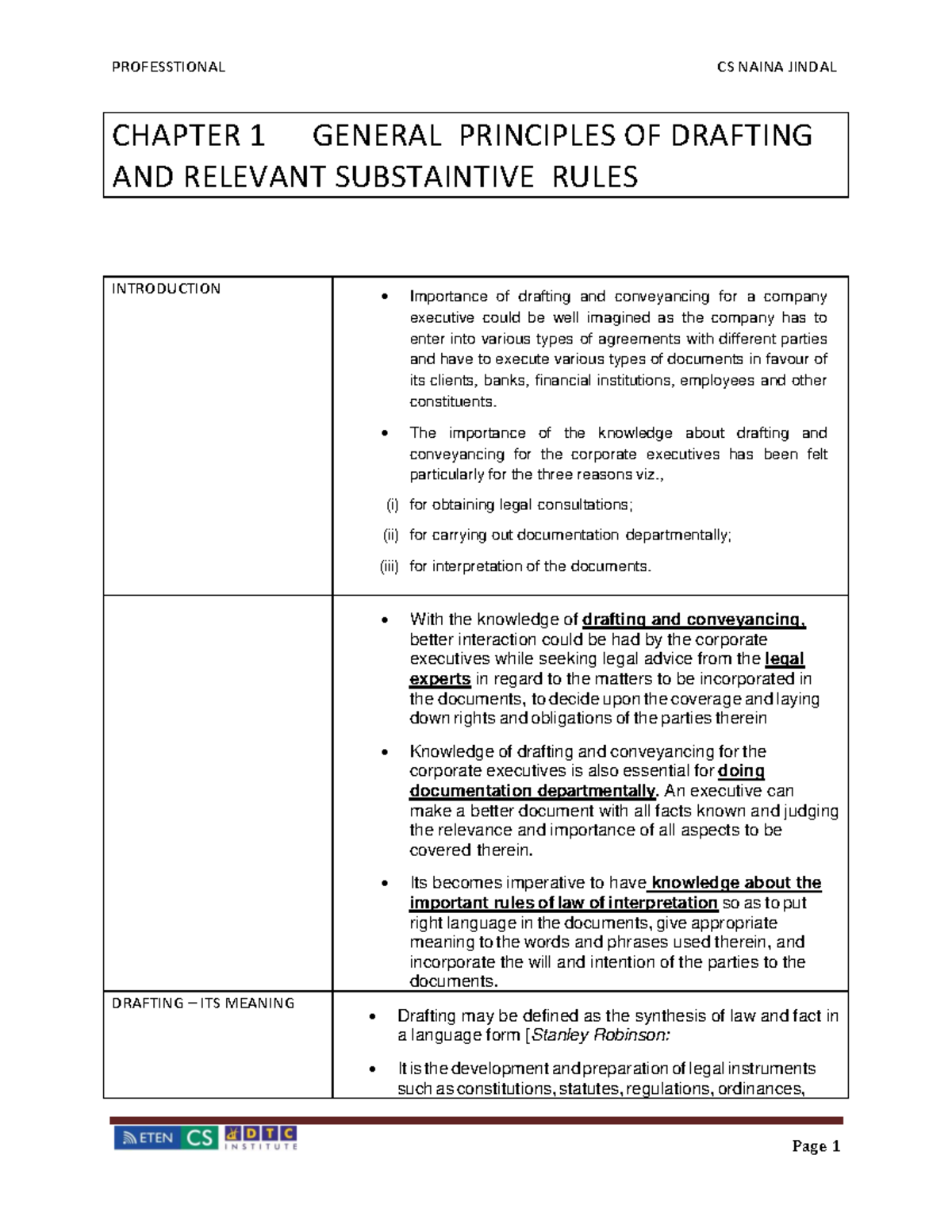 Drafting 1 - LLB - ####### PROFESSTIONAL CS NAINA JINDAL CHAPTER 1 GENERAL PRINCIPLES OF ...