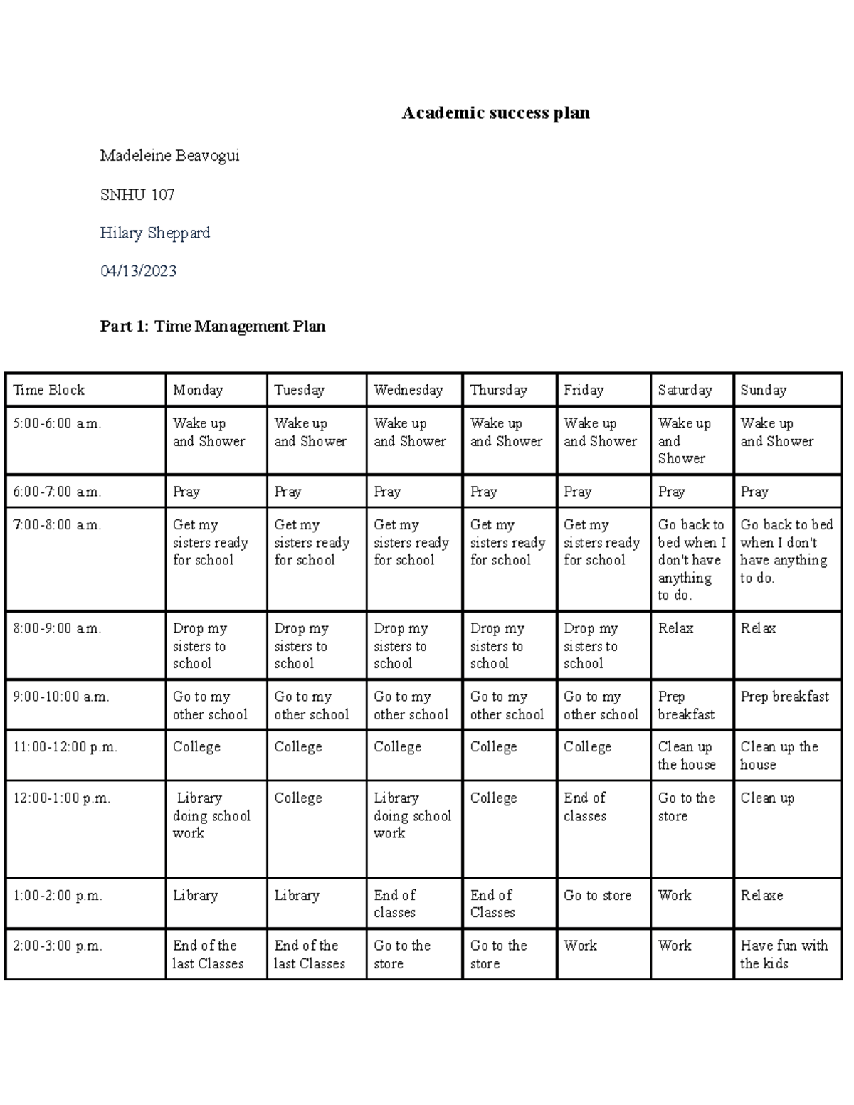 Full Personal Schedule - Academic success plan Madeleine Beavogui SNHU ...