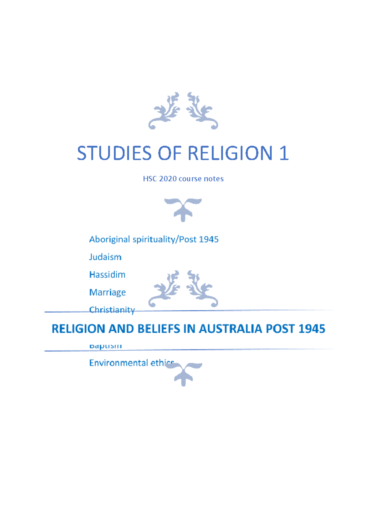 SOR1 - Notes On Religion Beliefs In Australia Post 1945 - STUDIES OF ...