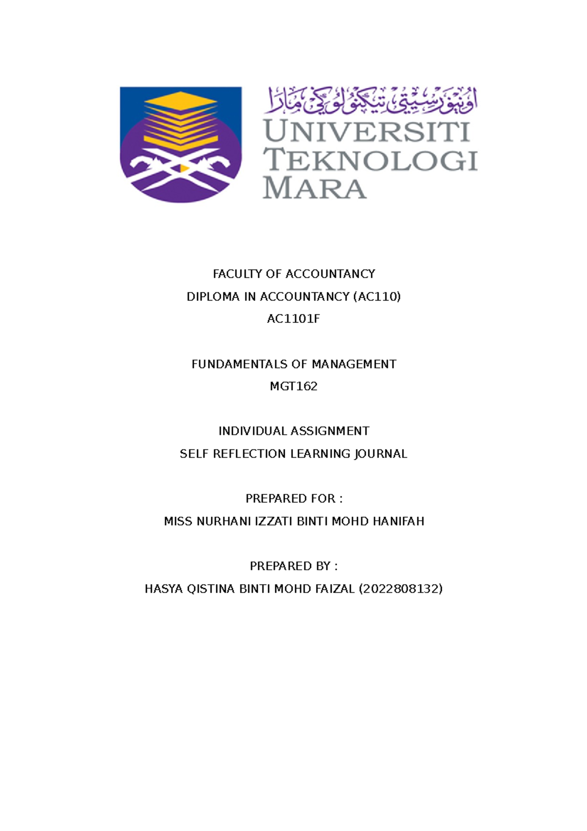 MGT162 - Individual Assignment - FACULTY OF ACCOUNTANCY DIPLOMA IN ACCOUNTANCY (AC110) AC1101F ...