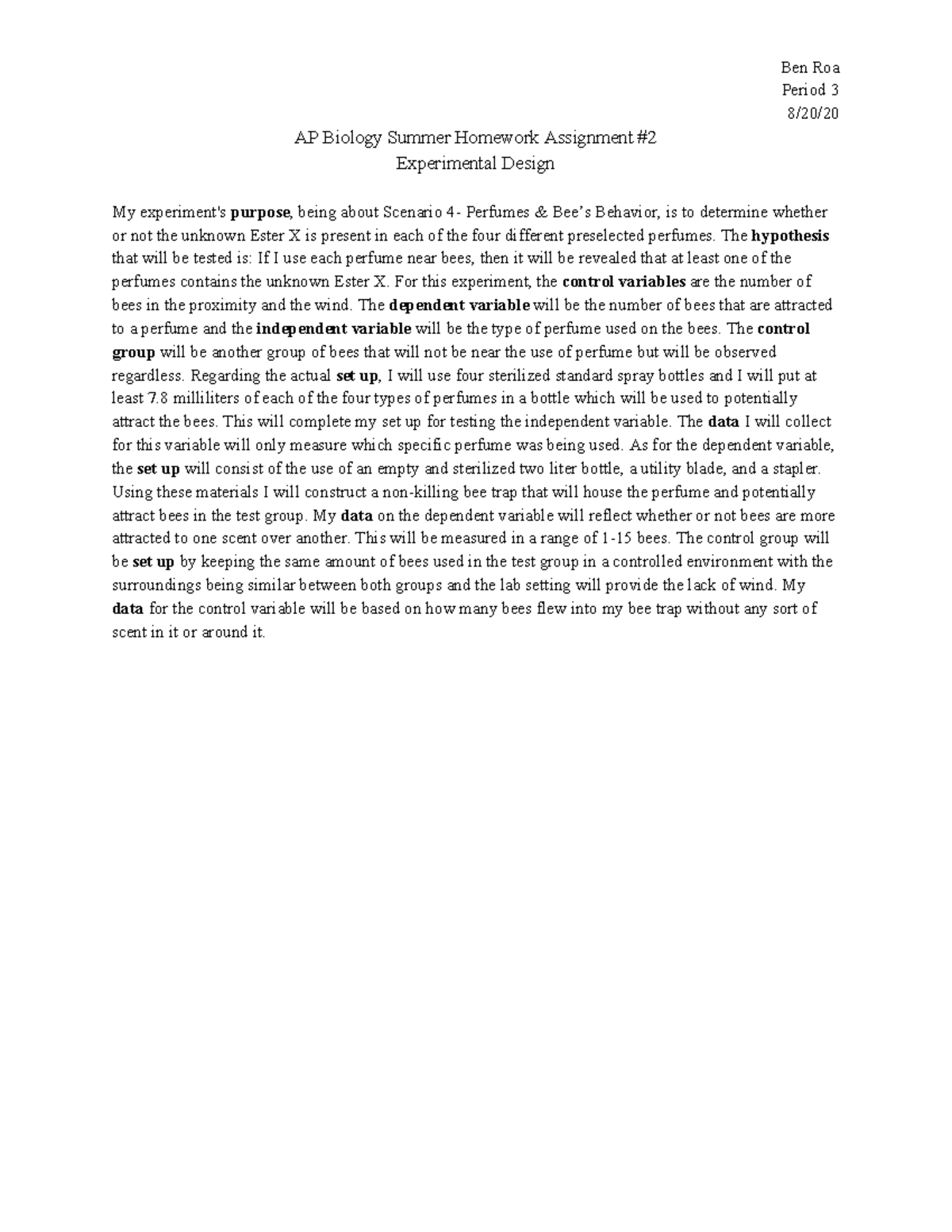 AP Biology Summer Homework Assignment #2 - Ben Roa Period 3 8/20/ AP ...