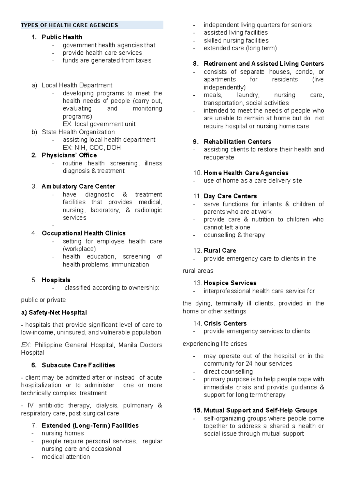 TYPES OF HEALTH CARE AGENCIES- sub topic under nursing process (1st ...