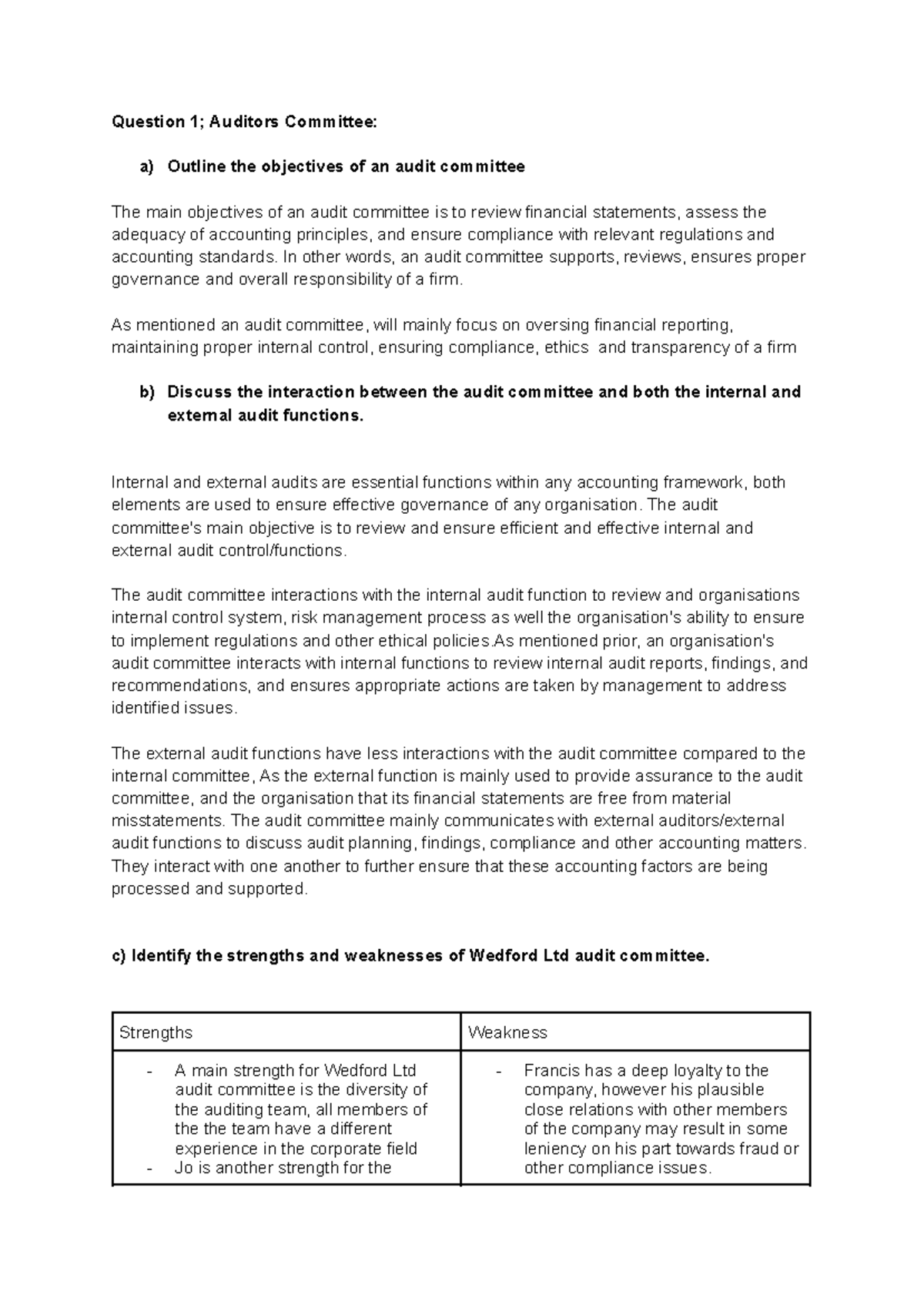 Tutorial 2 Accounting 312 - Question 1; Auditors Committee: a) Outline ...