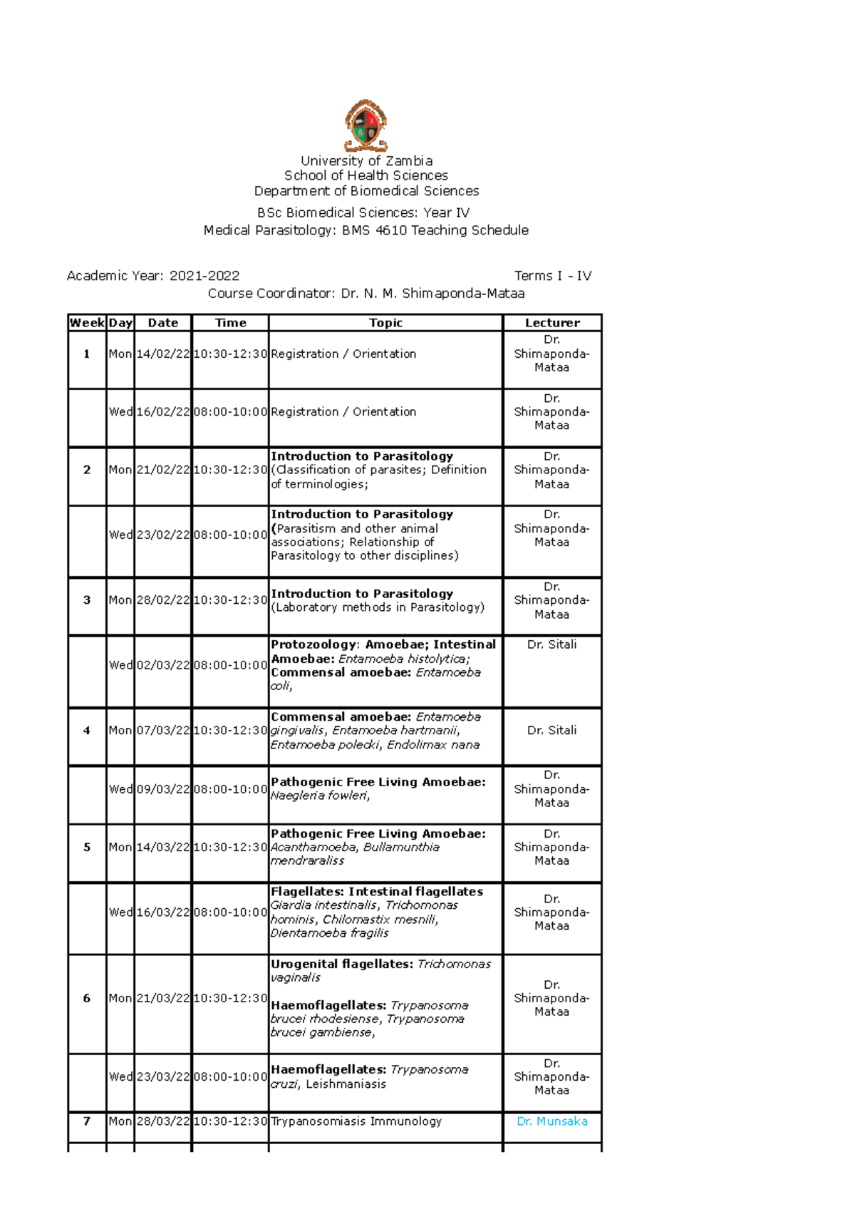 BMS 4610 Medical Parasitology Teaching Schedule 2021-22 updated ...