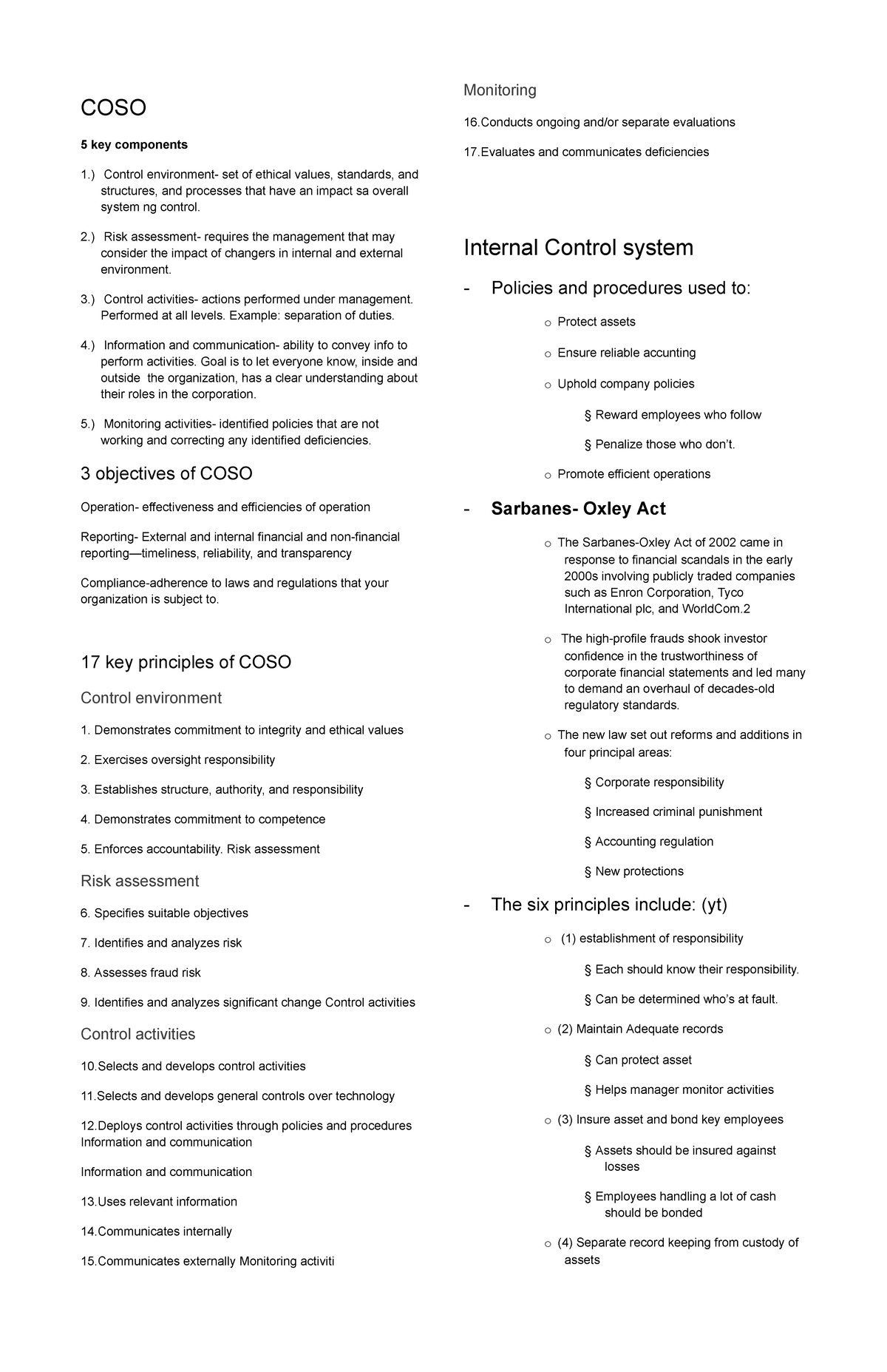 1204- Midterms - :)) - COSO 5 key components 1.) Control environment ...