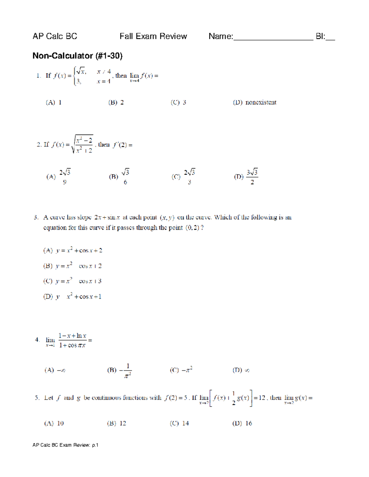 BC Fall Semester Exam Review - AP Calc BC Fall Exam Review Name ...