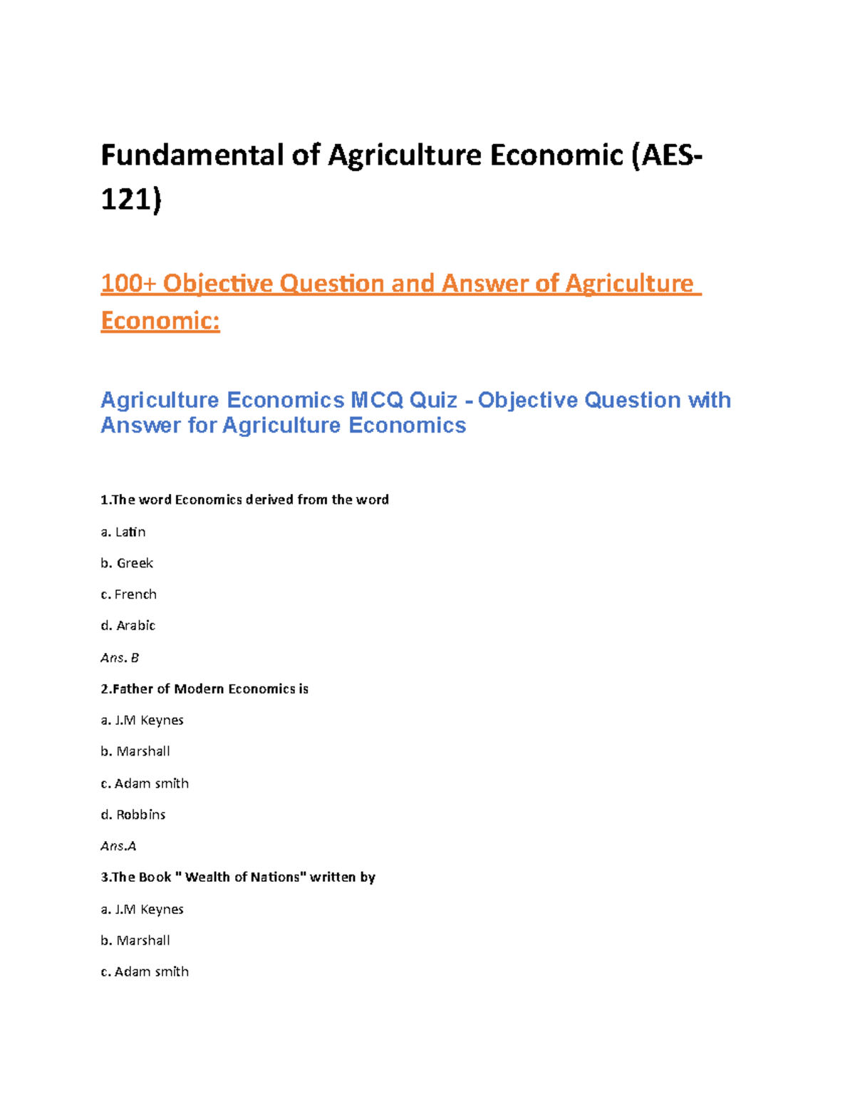 100+Objective Quesation and Answer for Agriculture Economic ...