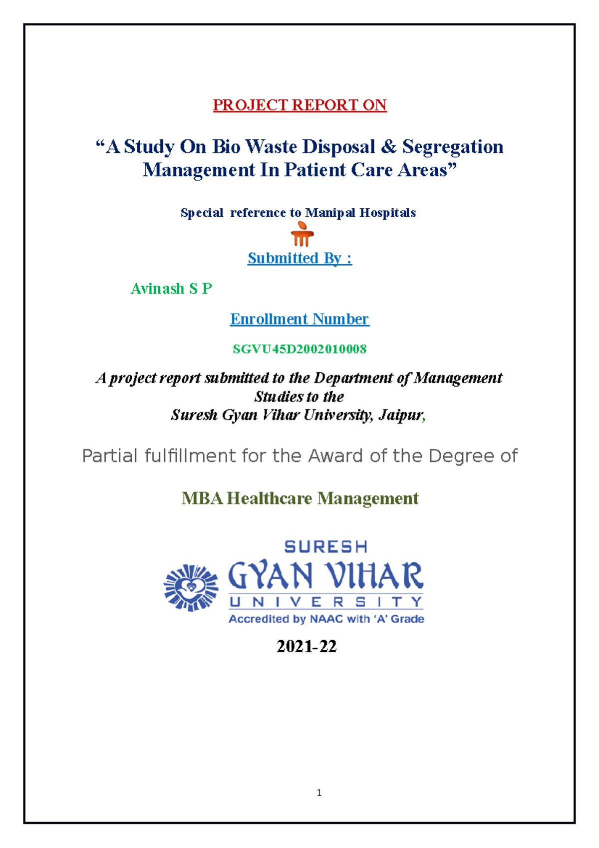 A study on Waste disposal management in a hospital final - PROJECT ...