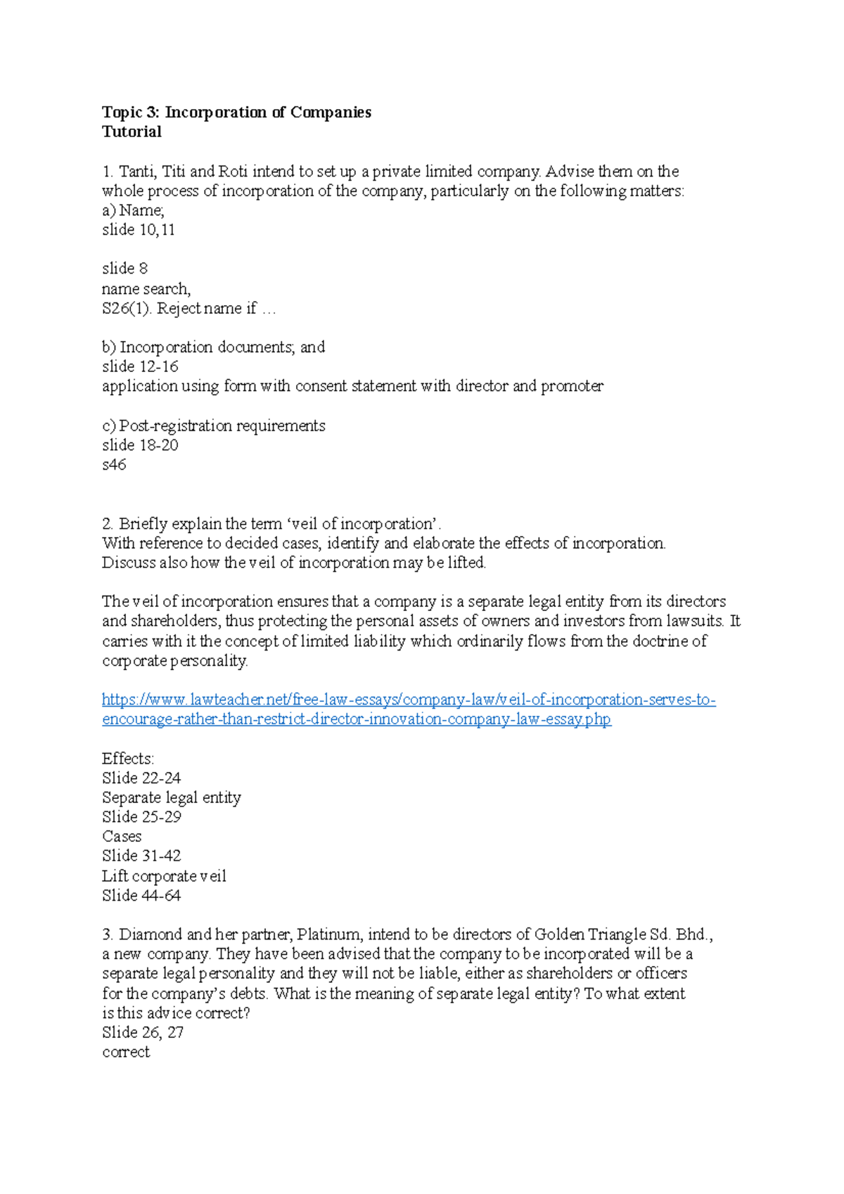 Company tutorial 3 - Topic 3: Incorporation of Companies Tutorial 1. Tanti, Titi and Roti intend ...