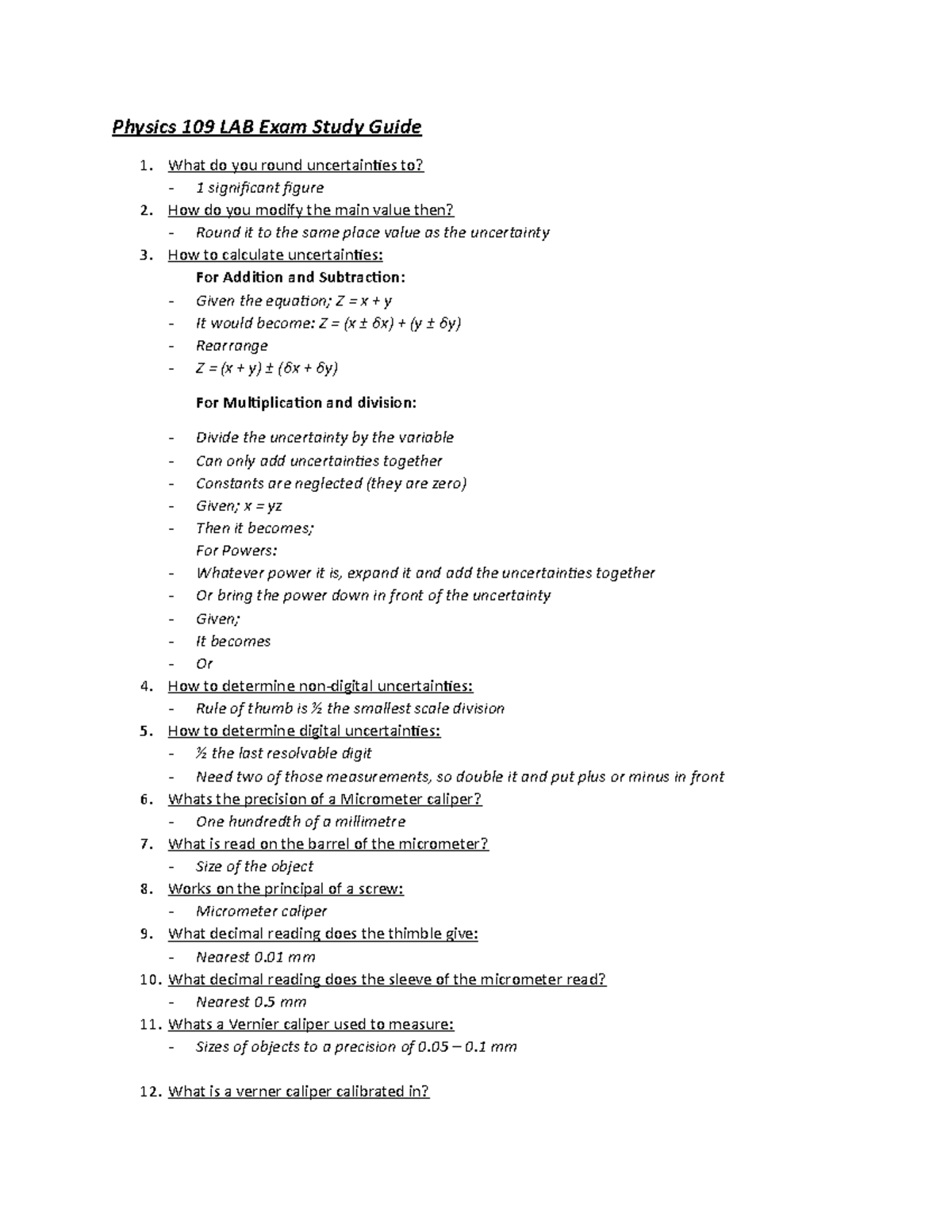 Physics 109 LAB Exam Study Guide - Physics 109 LAB Exam Study Guide What do you round ...