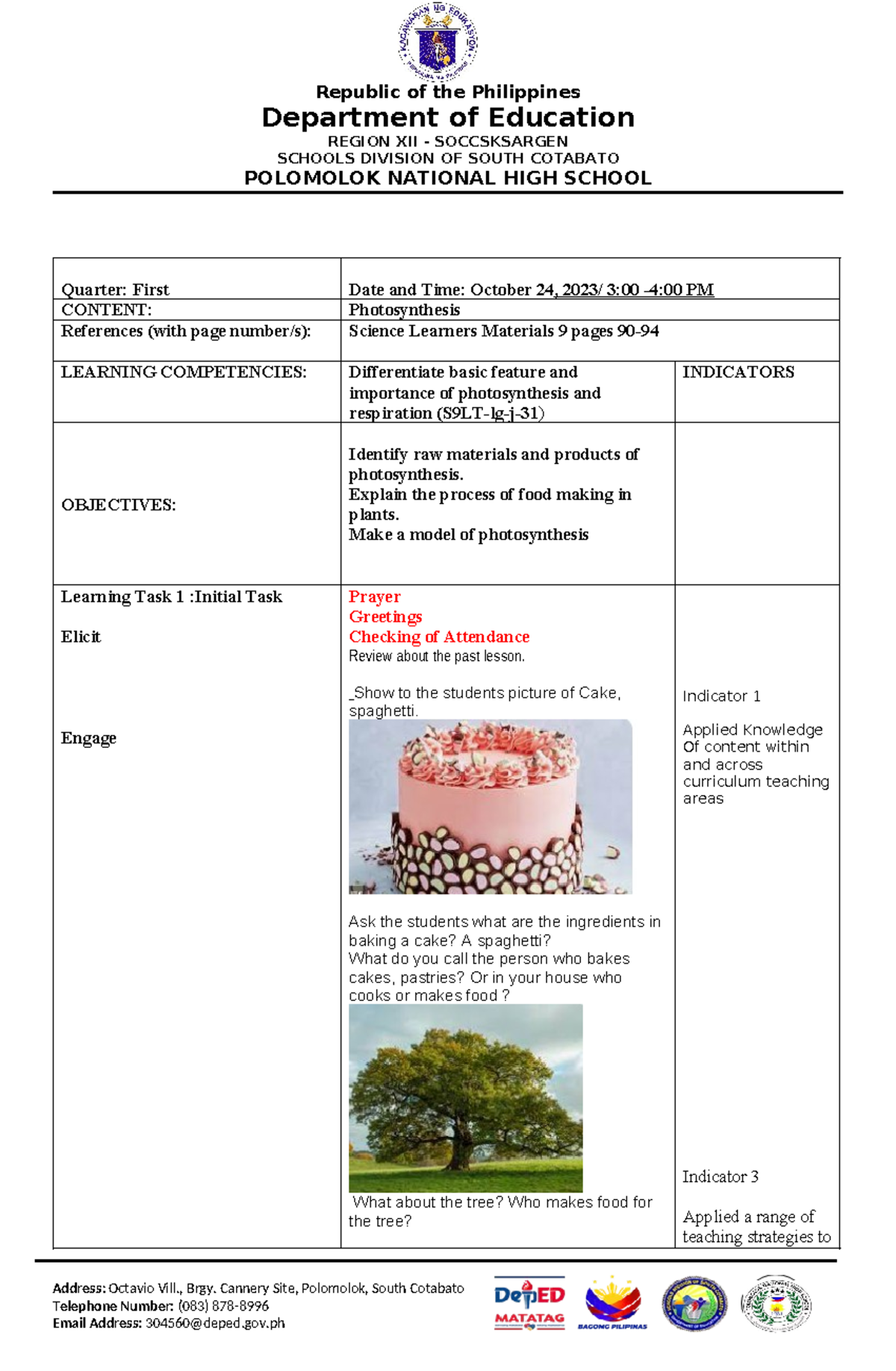 Photosynthesis lesson plan - Department of Education REGION XII ...