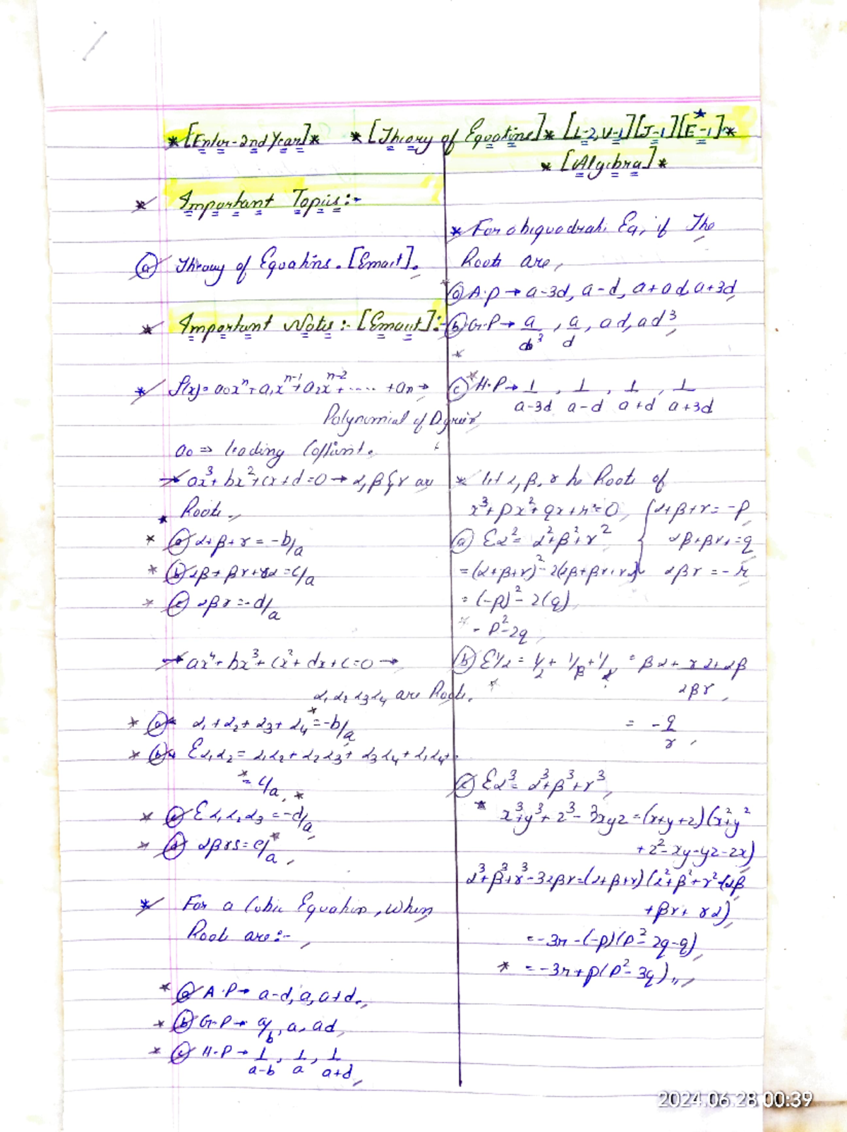 Theory Of Equations Complete Notes With Examples And Imp Formulas