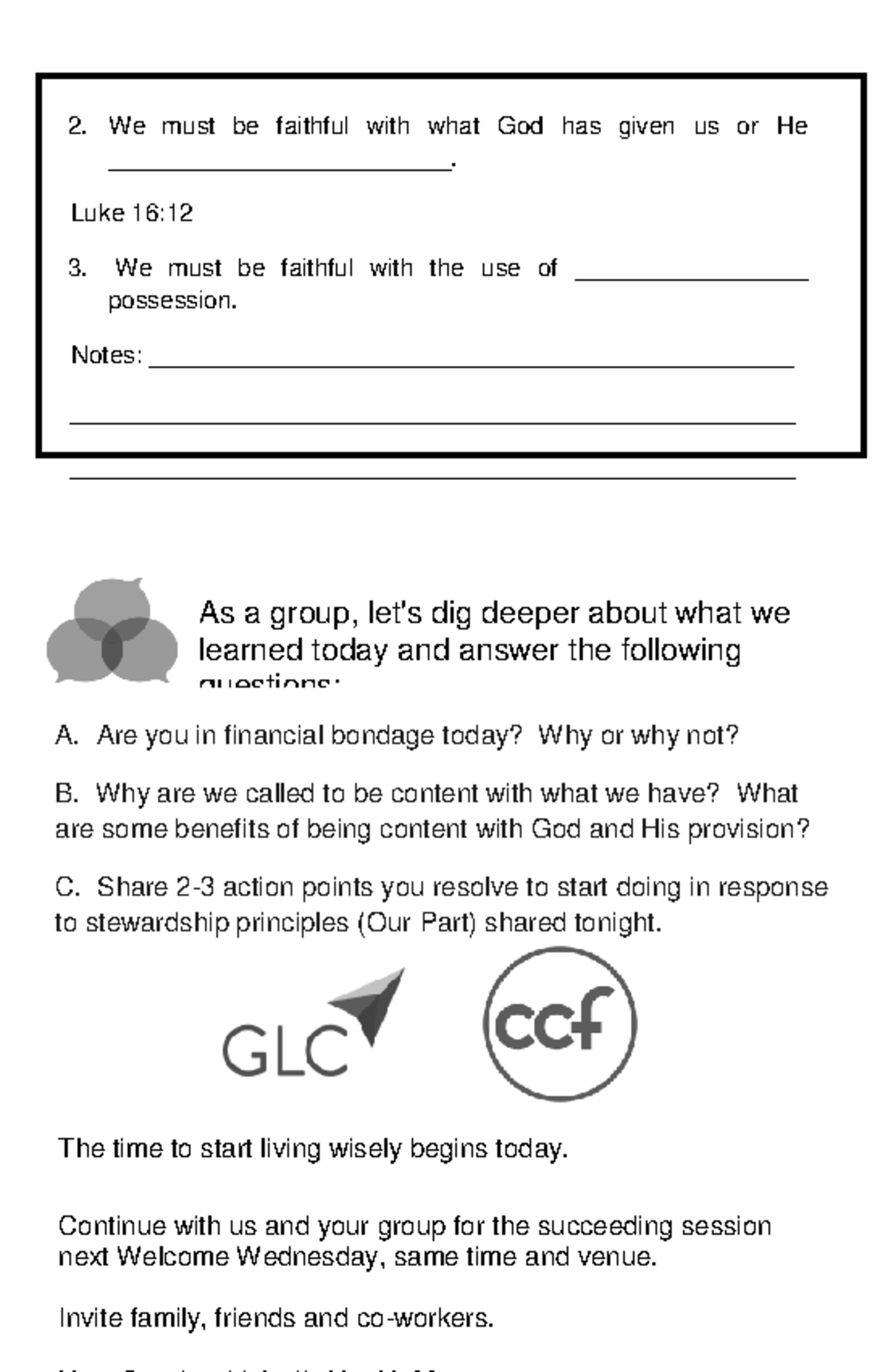 Stewardship Session 2 workbook - 2. We must be faithful with what God ...