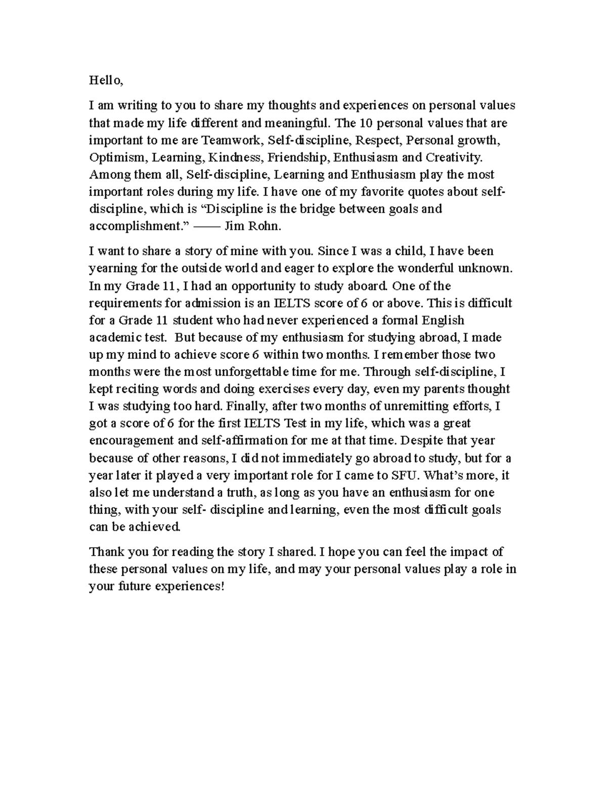 A Letter to one classmate - Hello, I am writing to you to share my ...