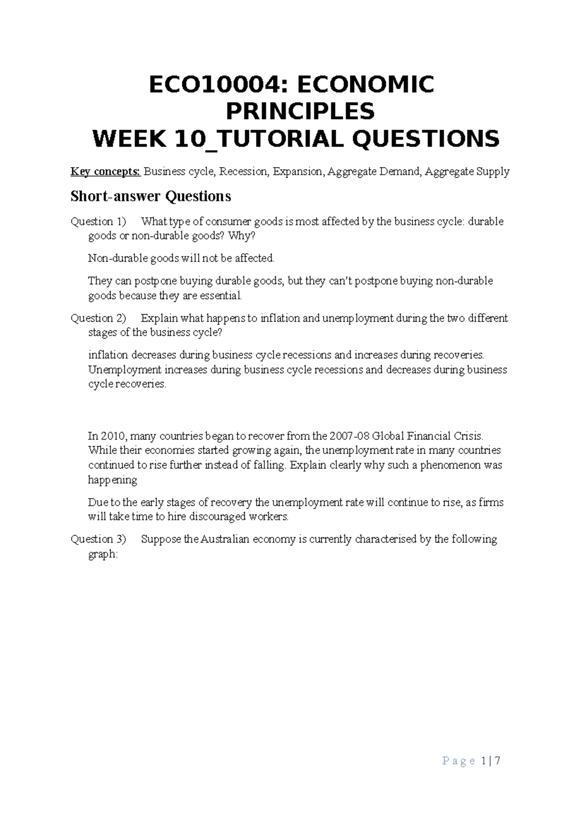 Week 10 Tutorial Questions answered - ECO10004: ECONOMIC PRINCIPLES WEEK 10_TUTORIAL QUESTIONS ...