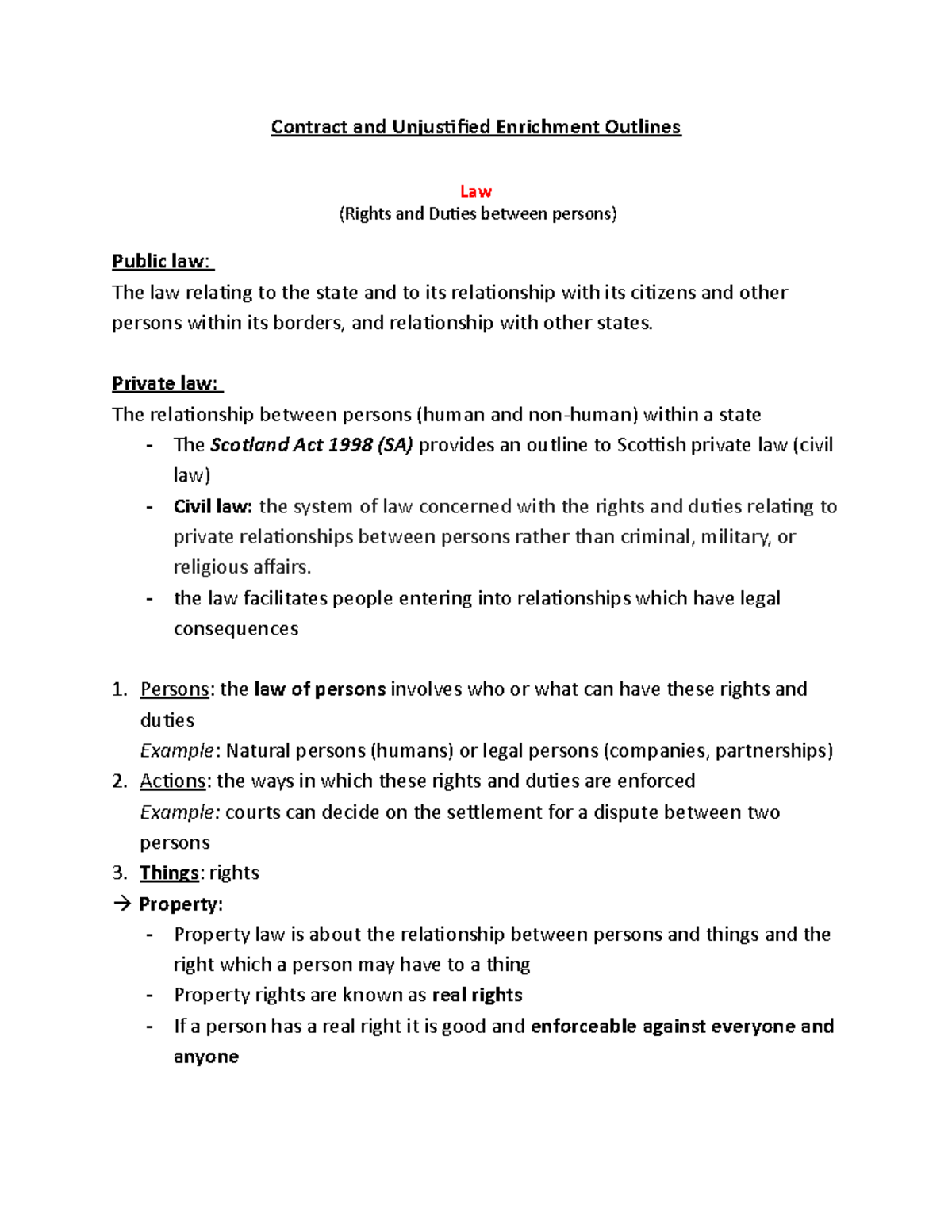 Contract and Unjustified Enrichment Notes 1st half - Contract and ...
