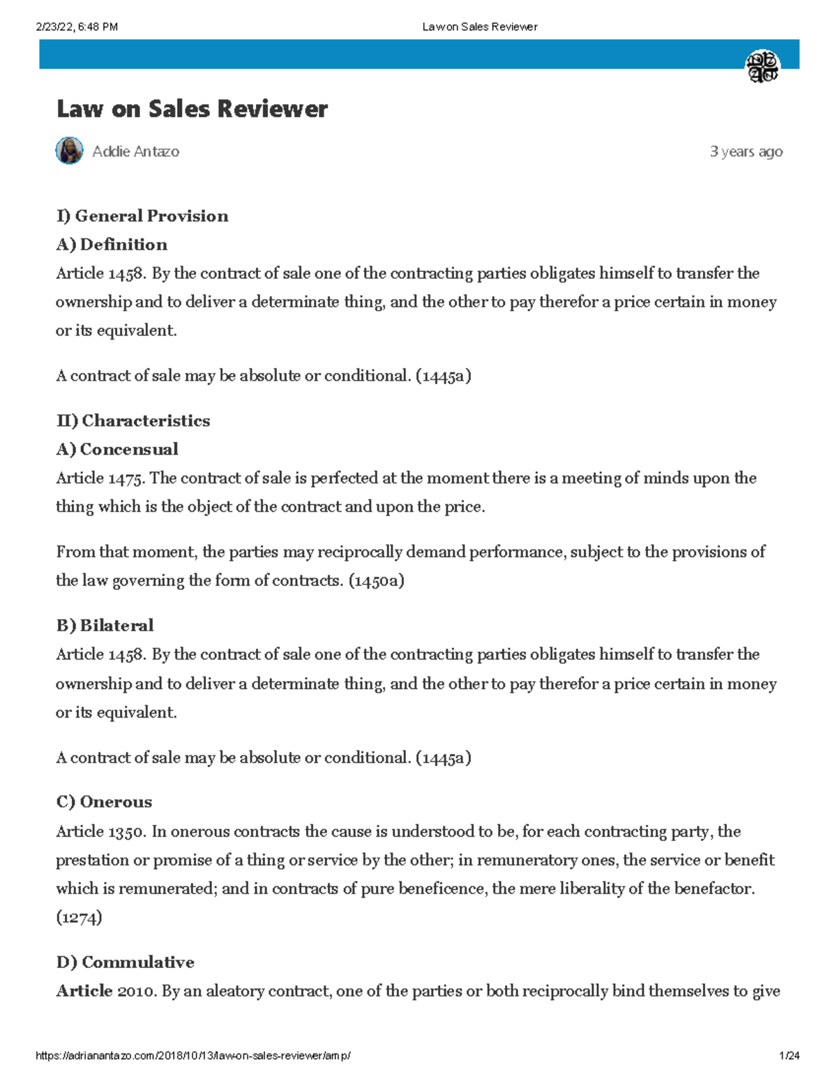Law on Sales Reviewer - Law on Sales Reviewer Addie Antazo 3 years ago ...