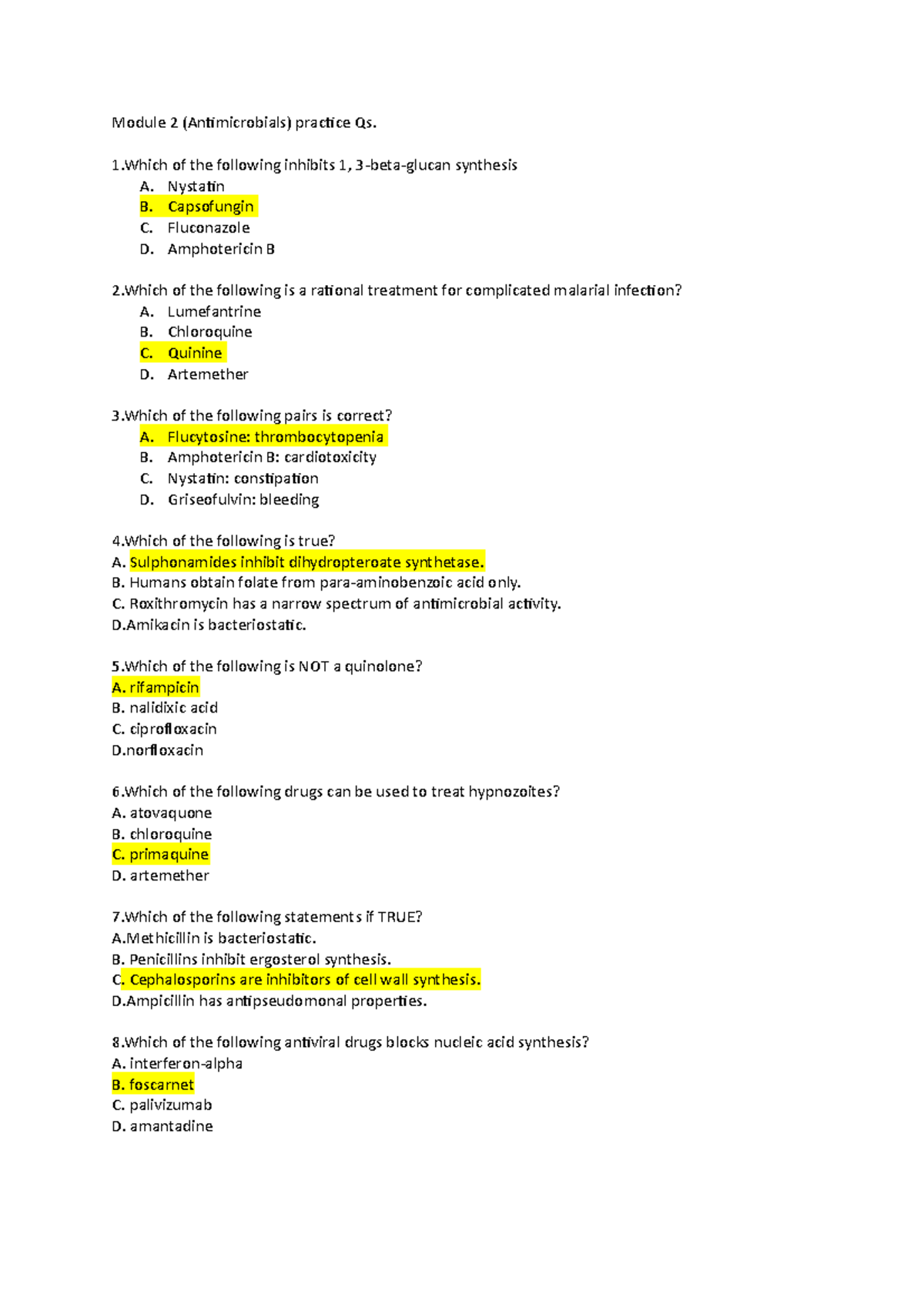 Module 2 Qs - Practice Qs - Module 2 (Antimicrobials) practice Qs. 1 of ...