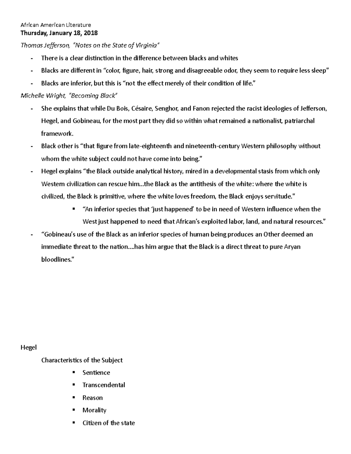 African American literature notes - Thursday, January 18, 2018 Thomas ...