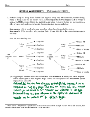 Studio 13 worksheet - STUDIO WORKSHEET:MONDAY,9/28/ Let S be a sample ...