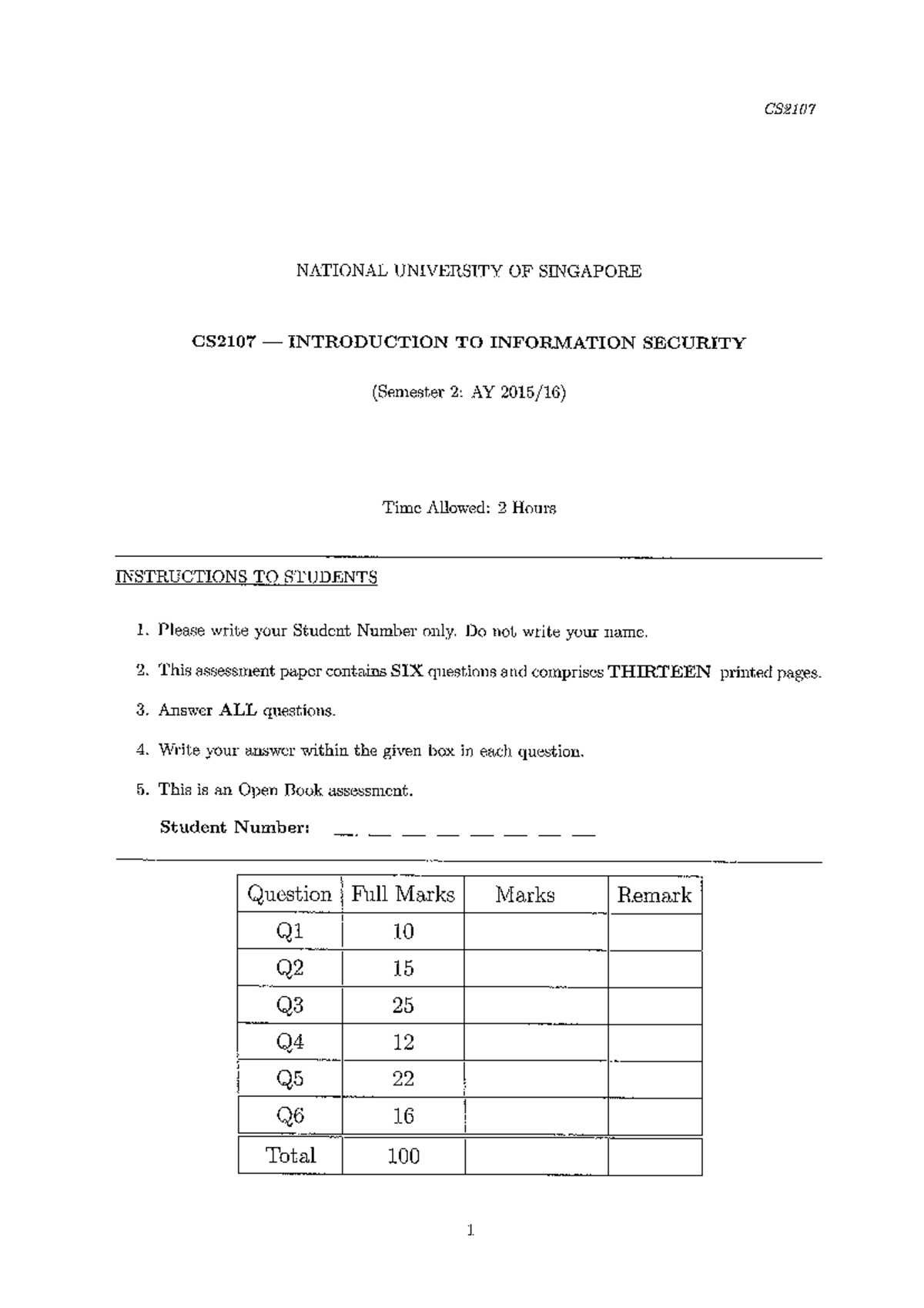 1516SEM2-CS2107 - exam paper - CS2107 - Studocu