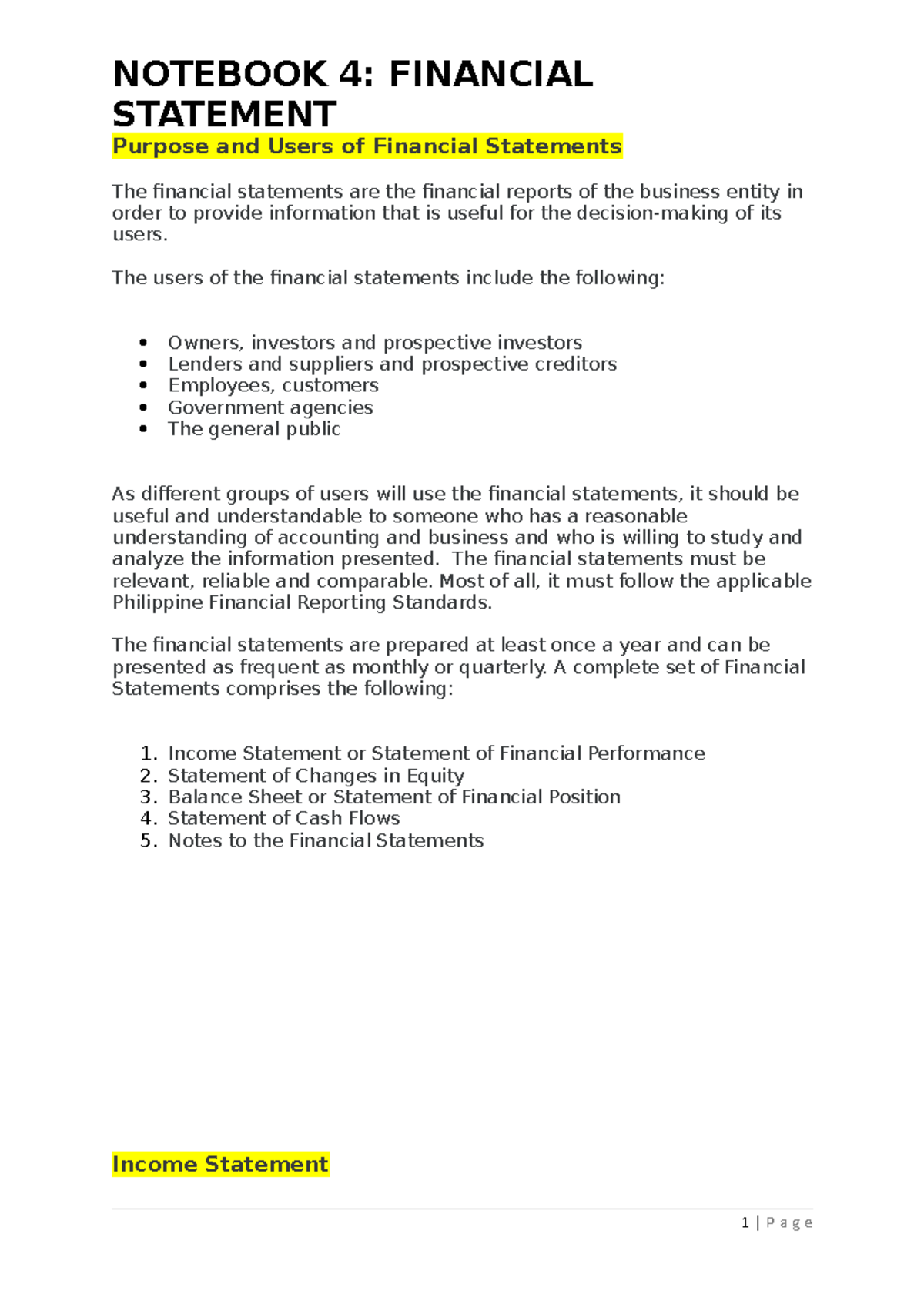 Notebook 4 - Financial Statement - STATEMENT Purpose and Users of ...
