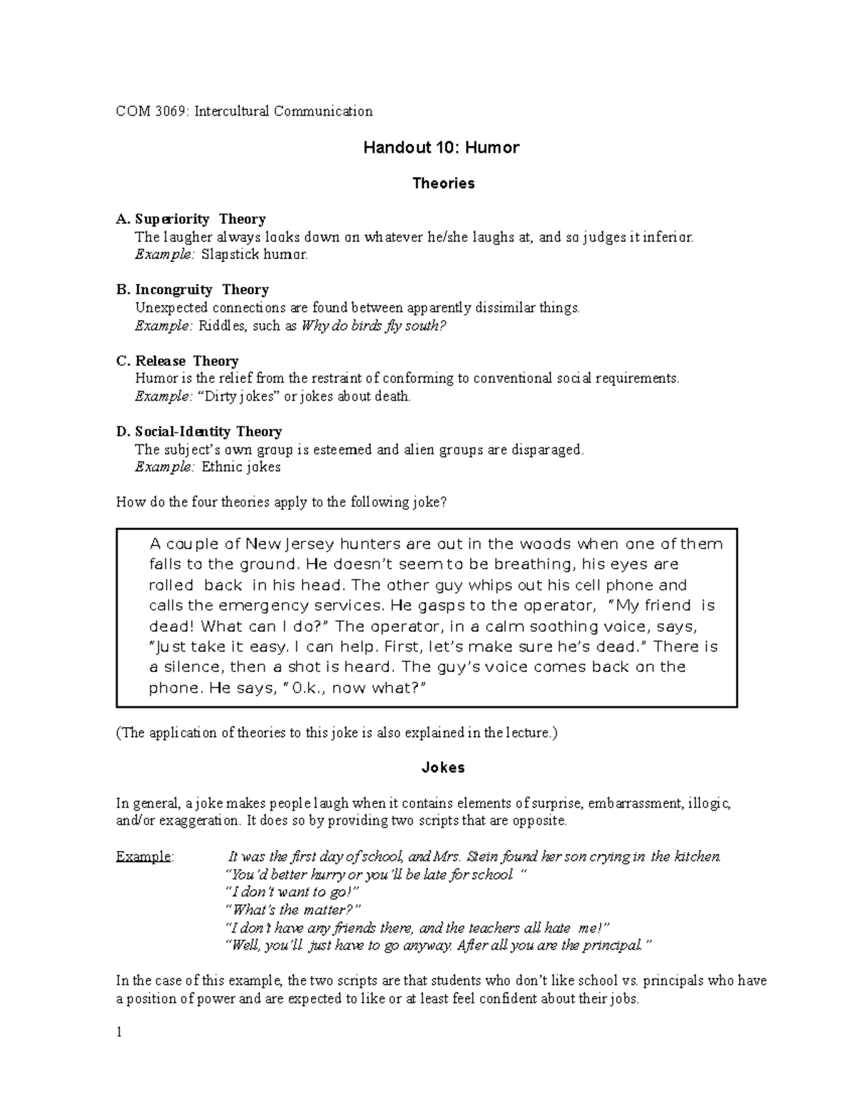 H10 Humor(1) - iiii - COM 3069: Intercultural Communication Handout 10 ...