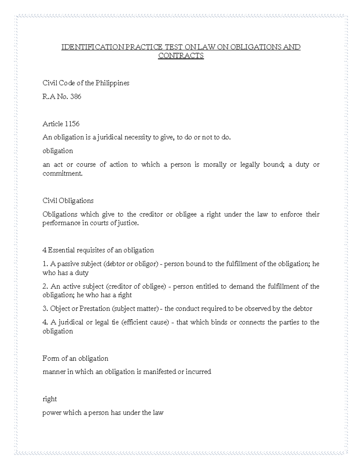 Identification Practice TEST ON LAW ON Obligations AND Contracts ...