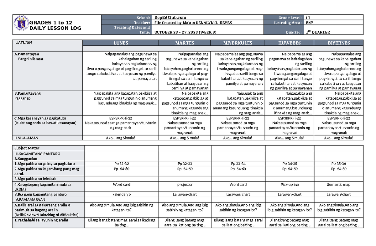 DLL ESP 3 Q1 W9 - noneee - GRADES 1 to 12 DAILY LESSON LOG School ...