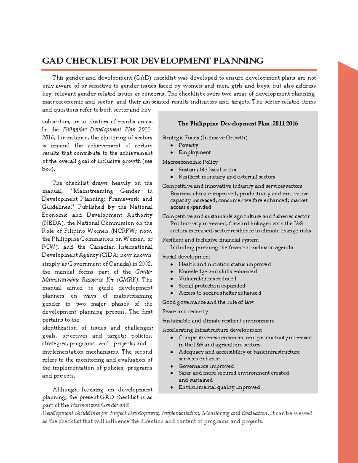 Pullouts 19 GAD Checklist for Development Planning - The Philippine ...