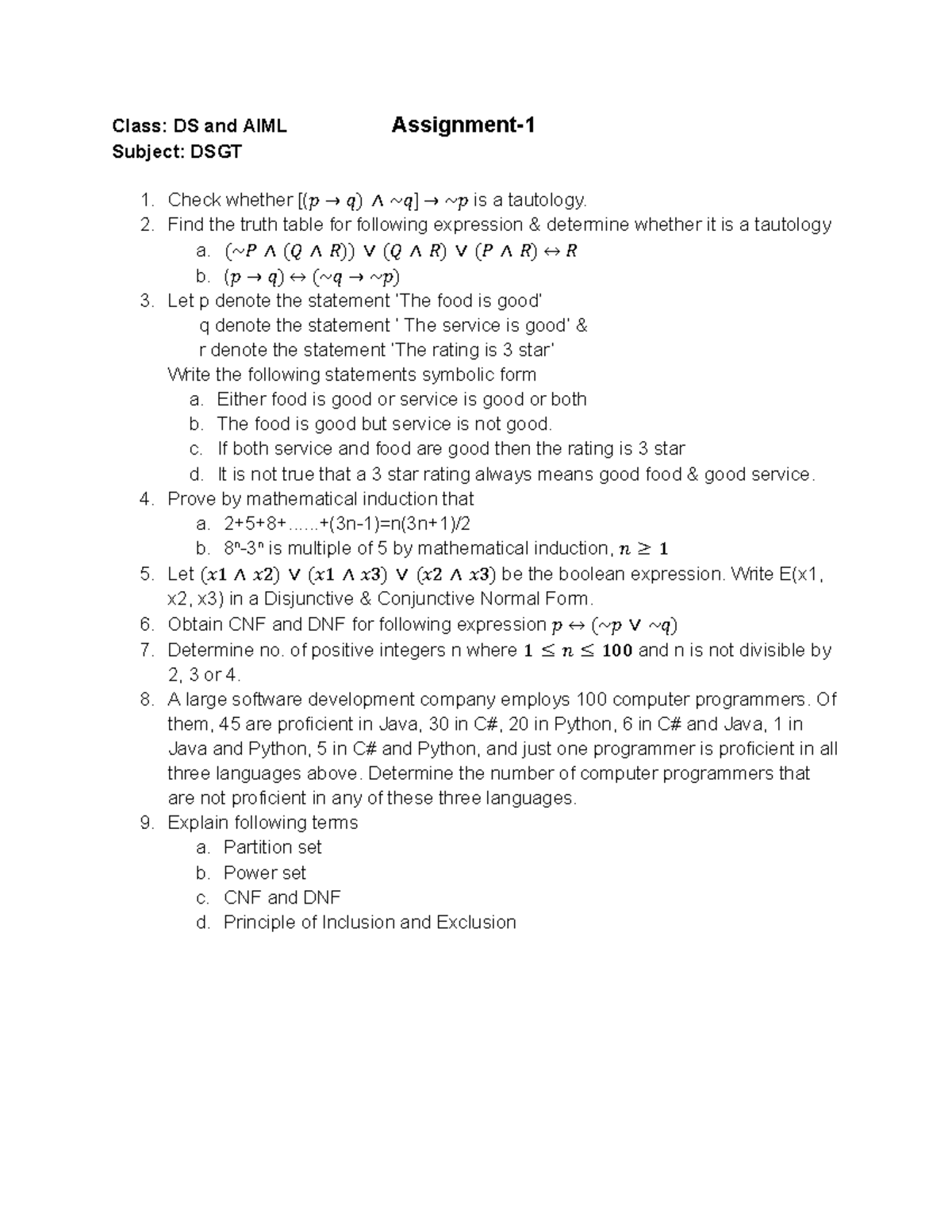 Assignment no 1-Logic - Class: DS and AIML Assignment- Subject: DSGT 1. Check whether [( 𝑝 → 𝑞 ...